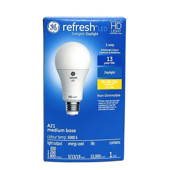 GE refresh LED 3 way A21, Energetic Daylight, 5,13,19 watt, 500,1260 ...