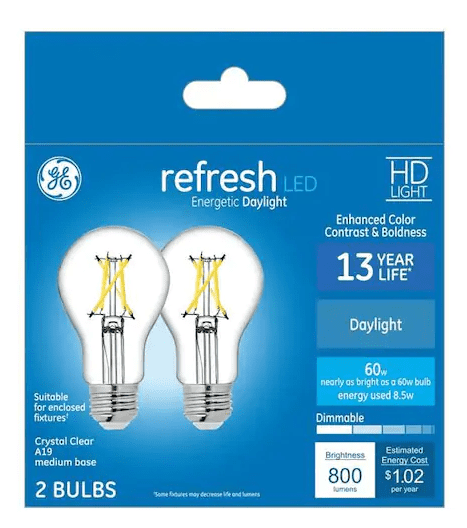 GE refresh LED 60 watt equivalent A19 Energetic Daylight Dimmable Light ...