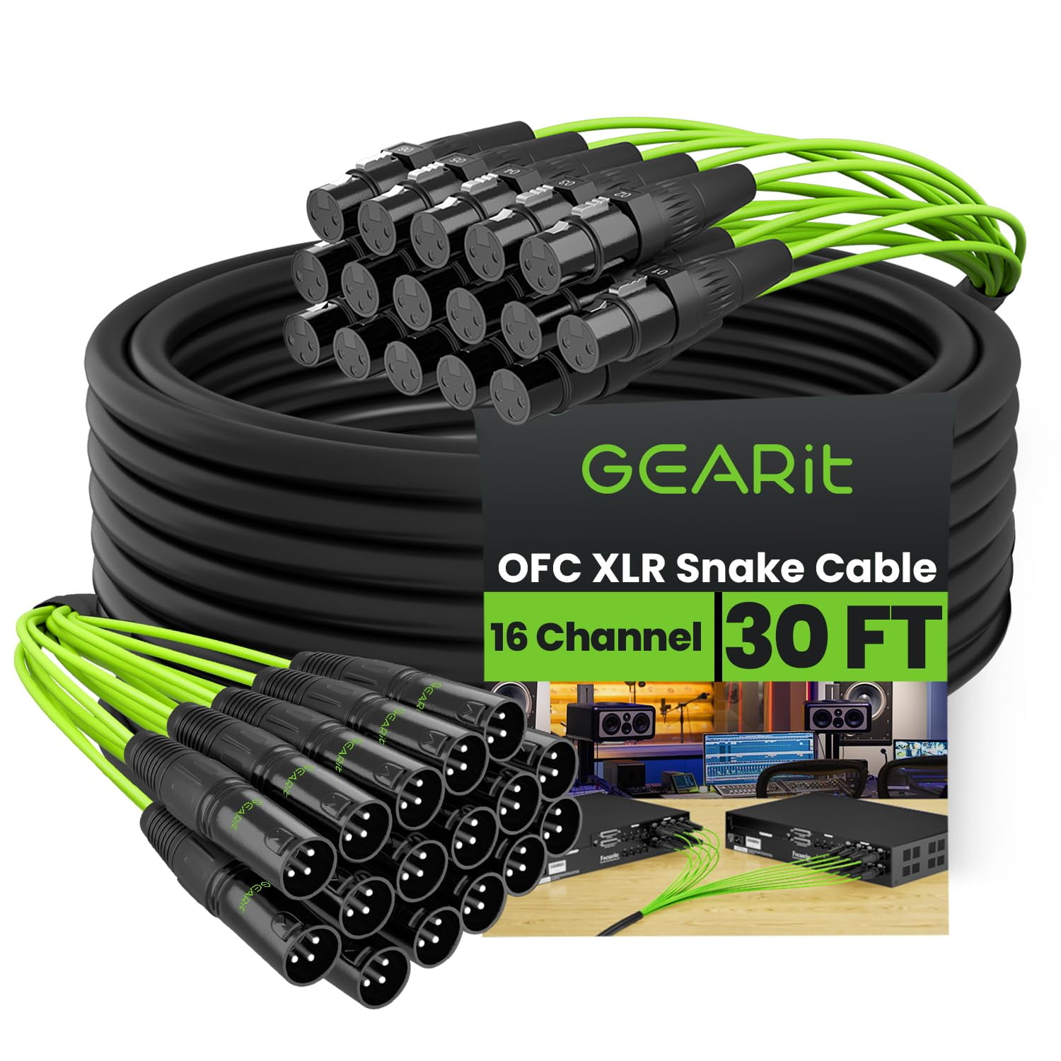 GEARit 16-Channel XLR Snake Cable (30 ft) - 100% Oxygen-Free Copper ...