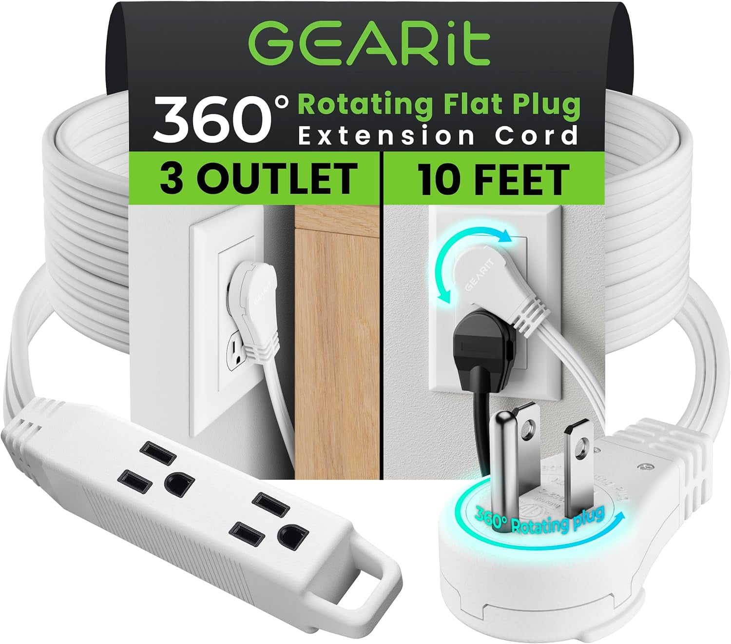 GEARit 360 Rotating Flat Plug 3 Outlet Extension Cord (10ft, White ...