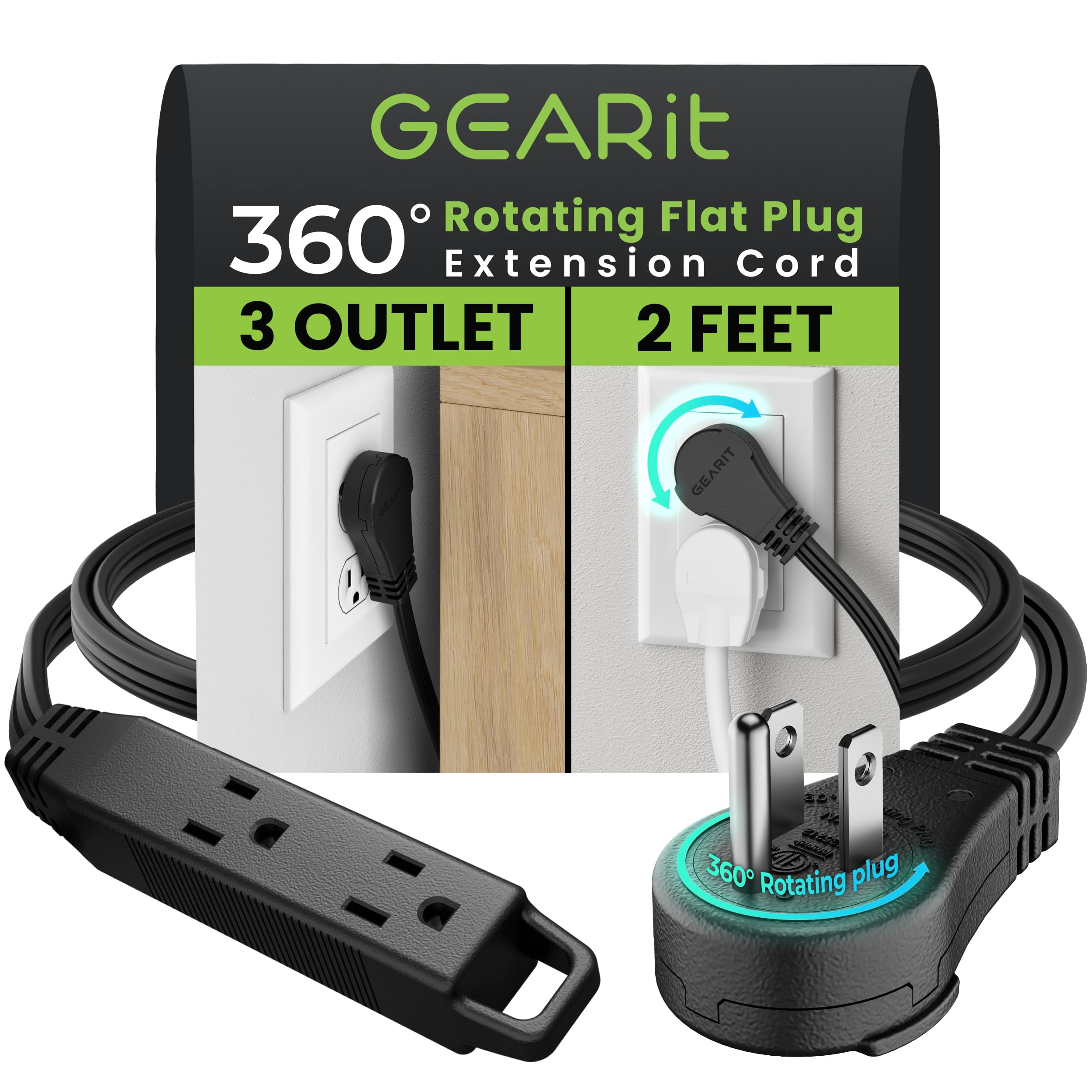 GEARit 360 Rotating Flat Plug Extension Cord (2ft, Black) Multi 3 ...