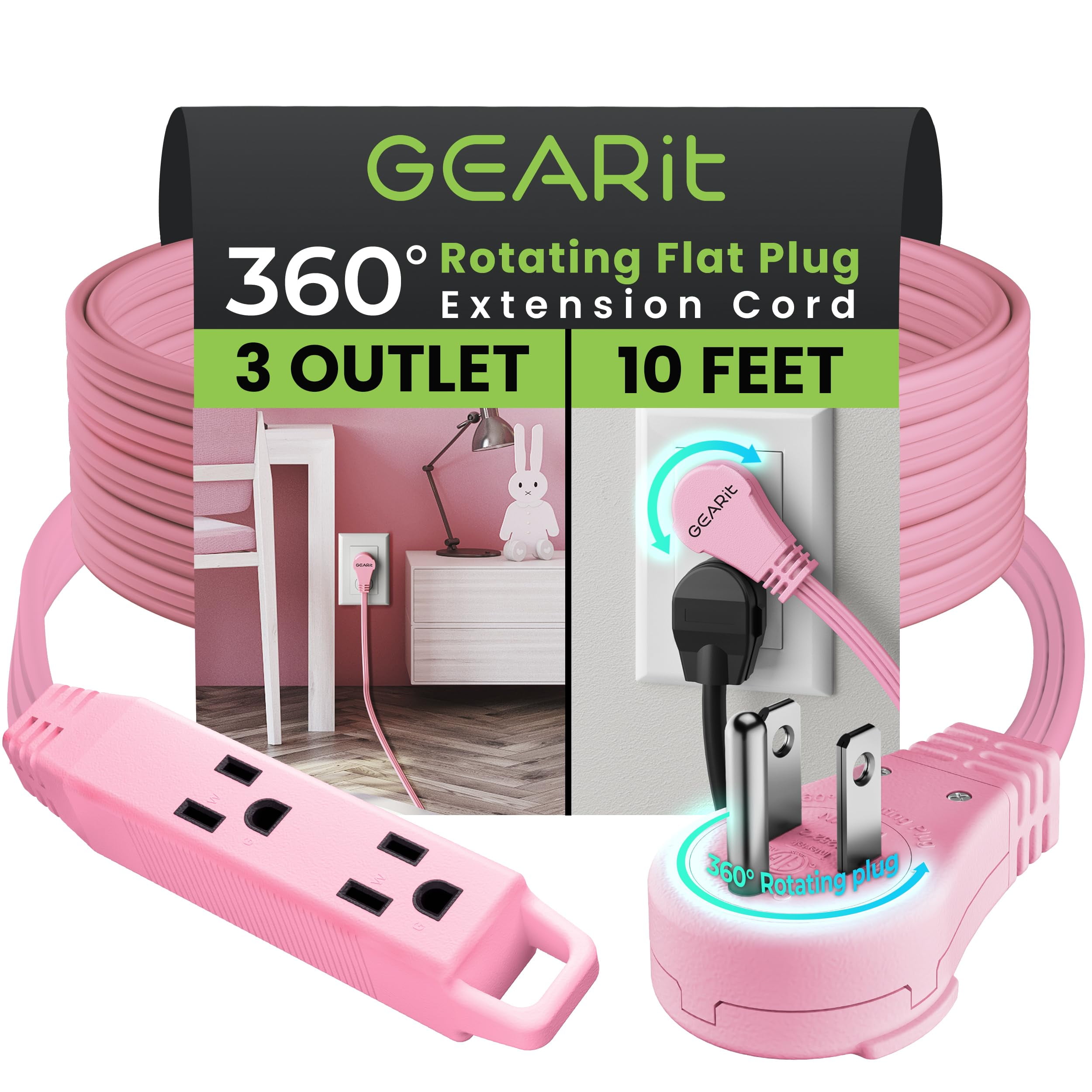GEARit 360 Rotating Flat Plug Extension Cord with 3 Outlets (10ft, Pink ...