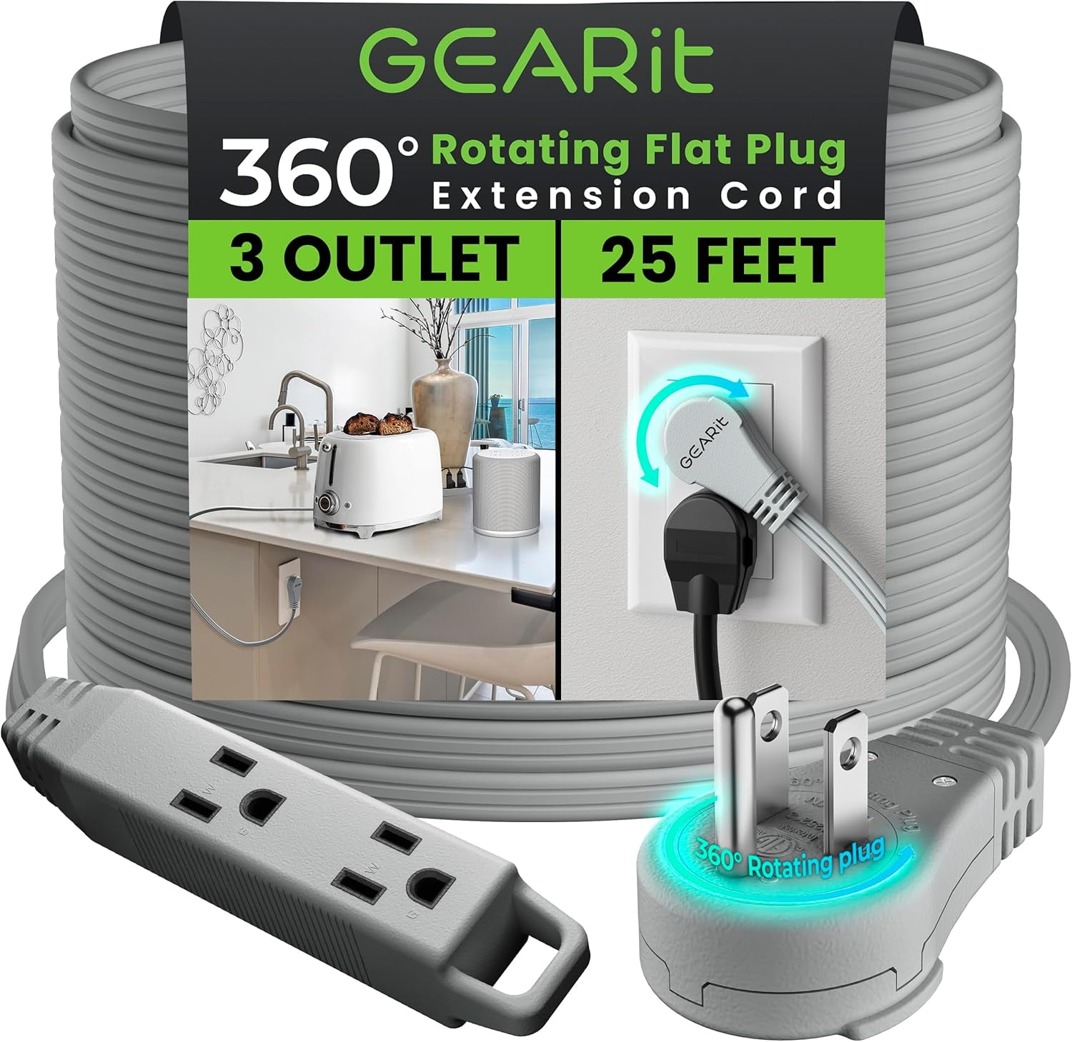 GEARit 360 Rotating Flat Plug Extension Cord with 3 Outlets (25ft, Gray ...