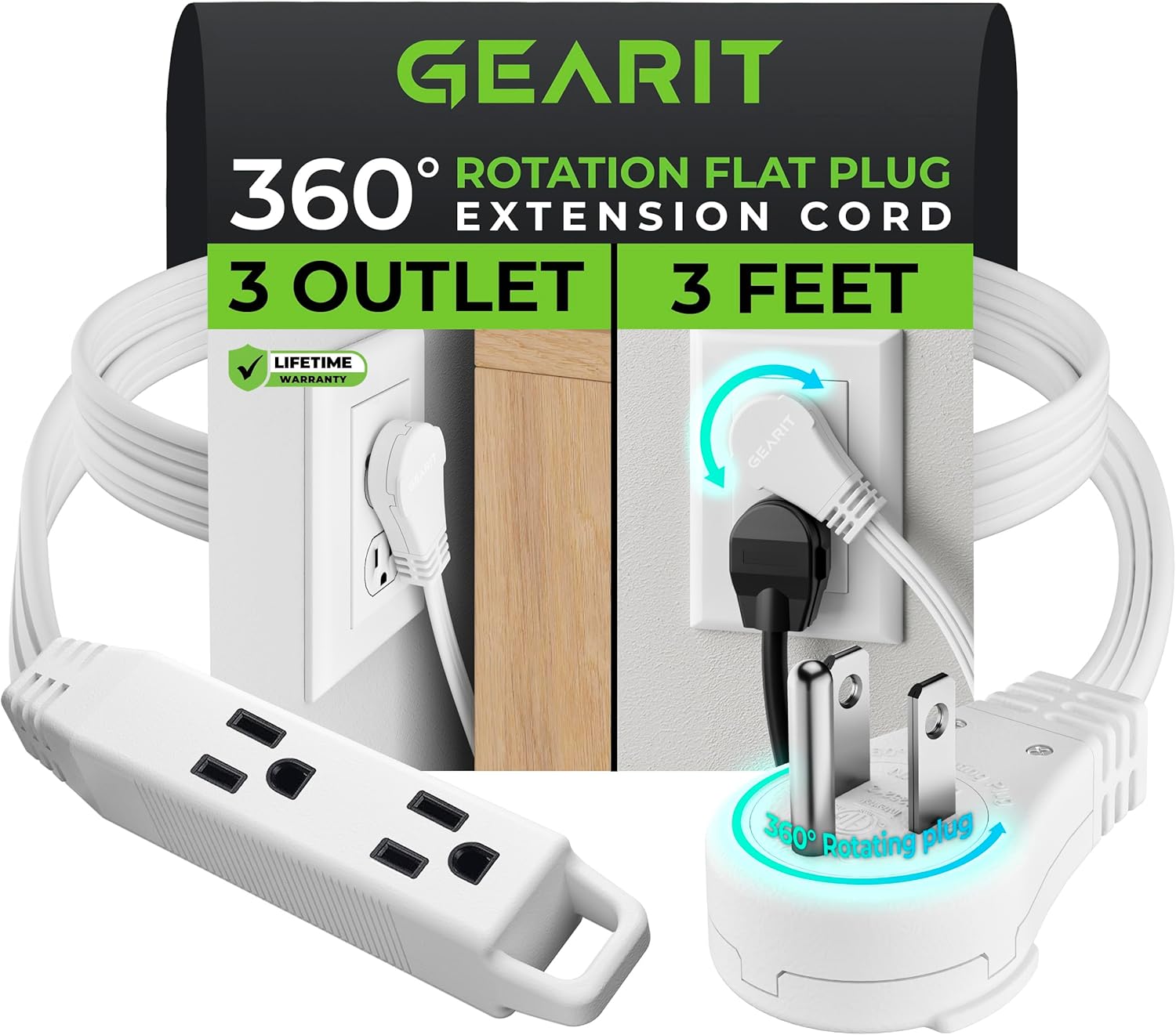 GEARit 360° Rotating Flat Plug Extension Cord (3ft, White) Multi 3 ...