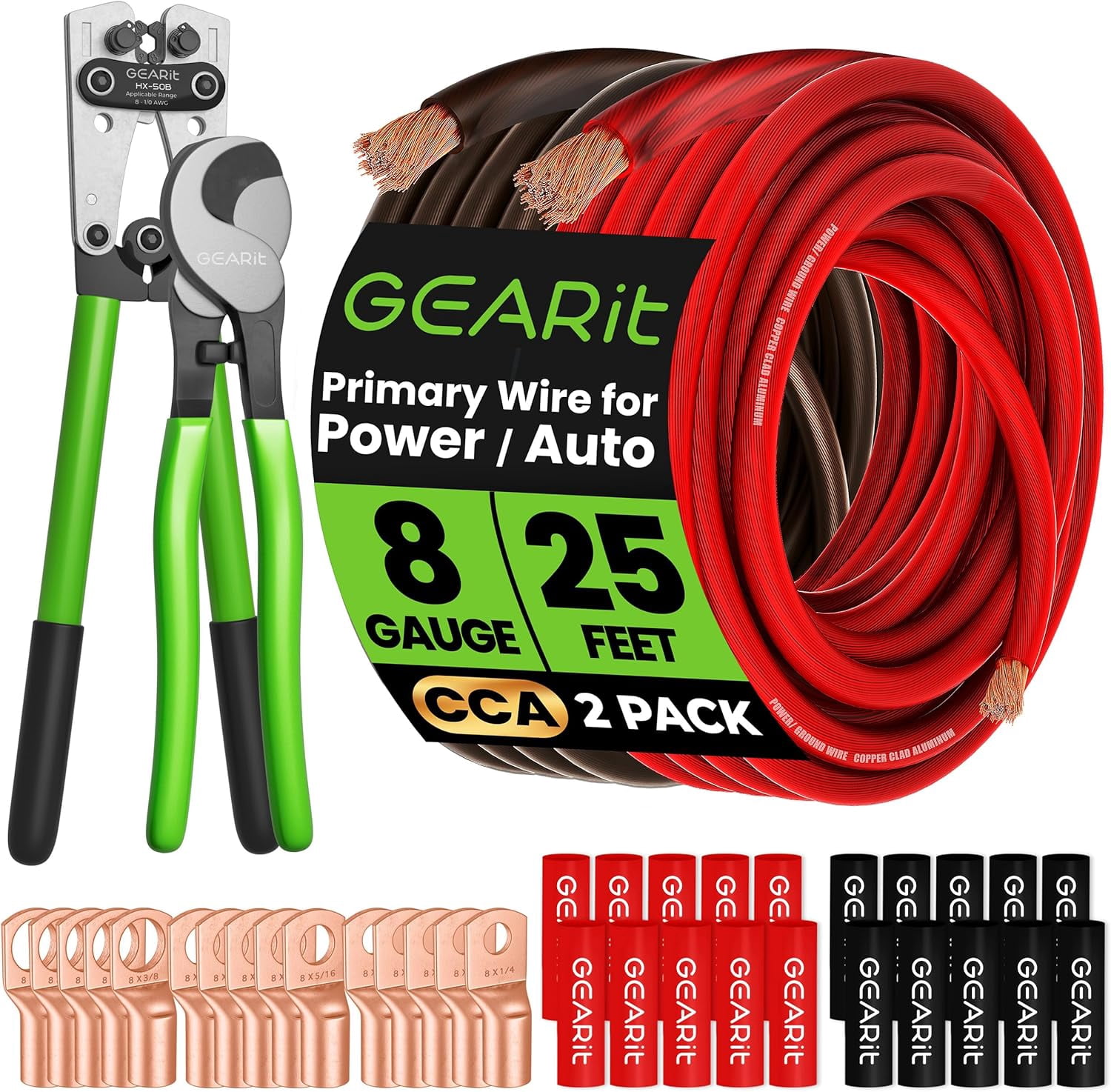 GEARit 8 Gauge Ground Wire Kit, CCA, (25FT Each - Black and Red ...