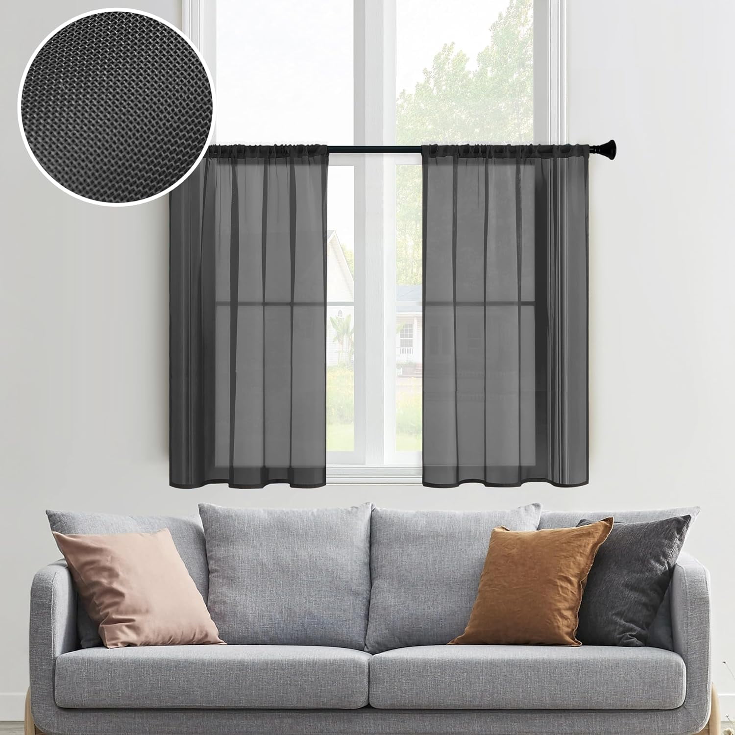 GEEHSA-40 Inch Sheer Curtains 2 Panels, Black Half Window Treatments ...