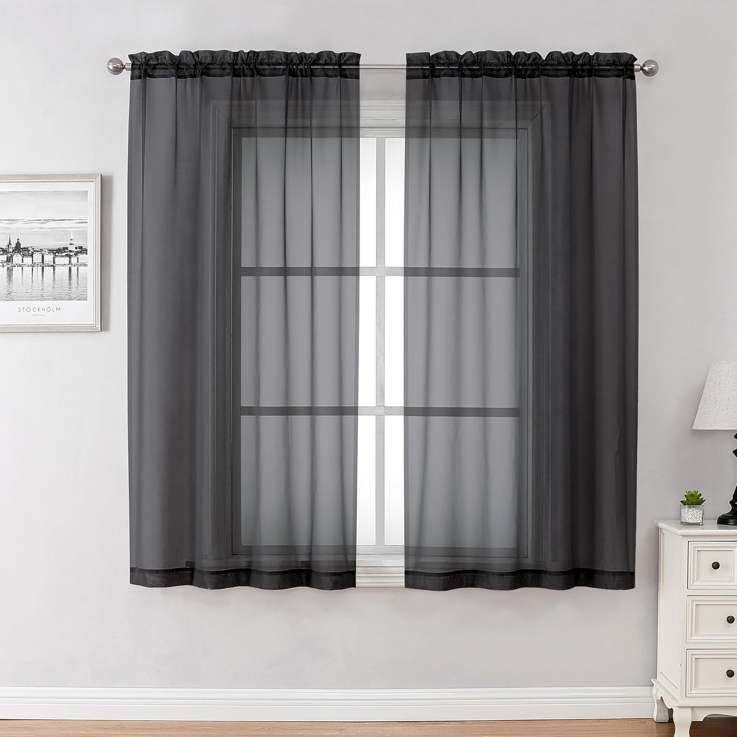 GEEHSA-Black Sheer Curtains 45 Inches Length 2 Panels, Light Filtering ...