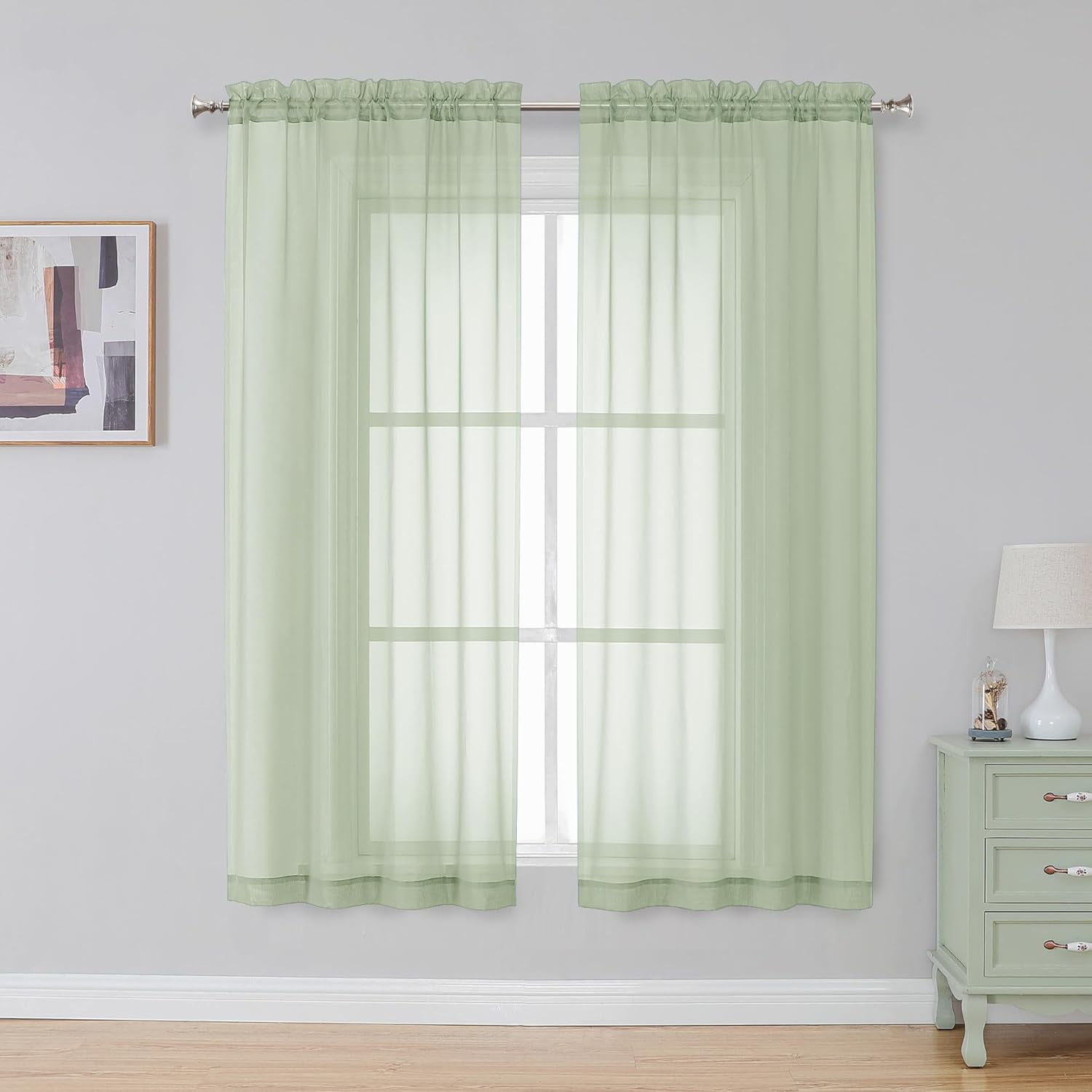GEEHSA-Light Green Sheer Curtains 63 Inch Length 2 Panels, Rod Pocket ...