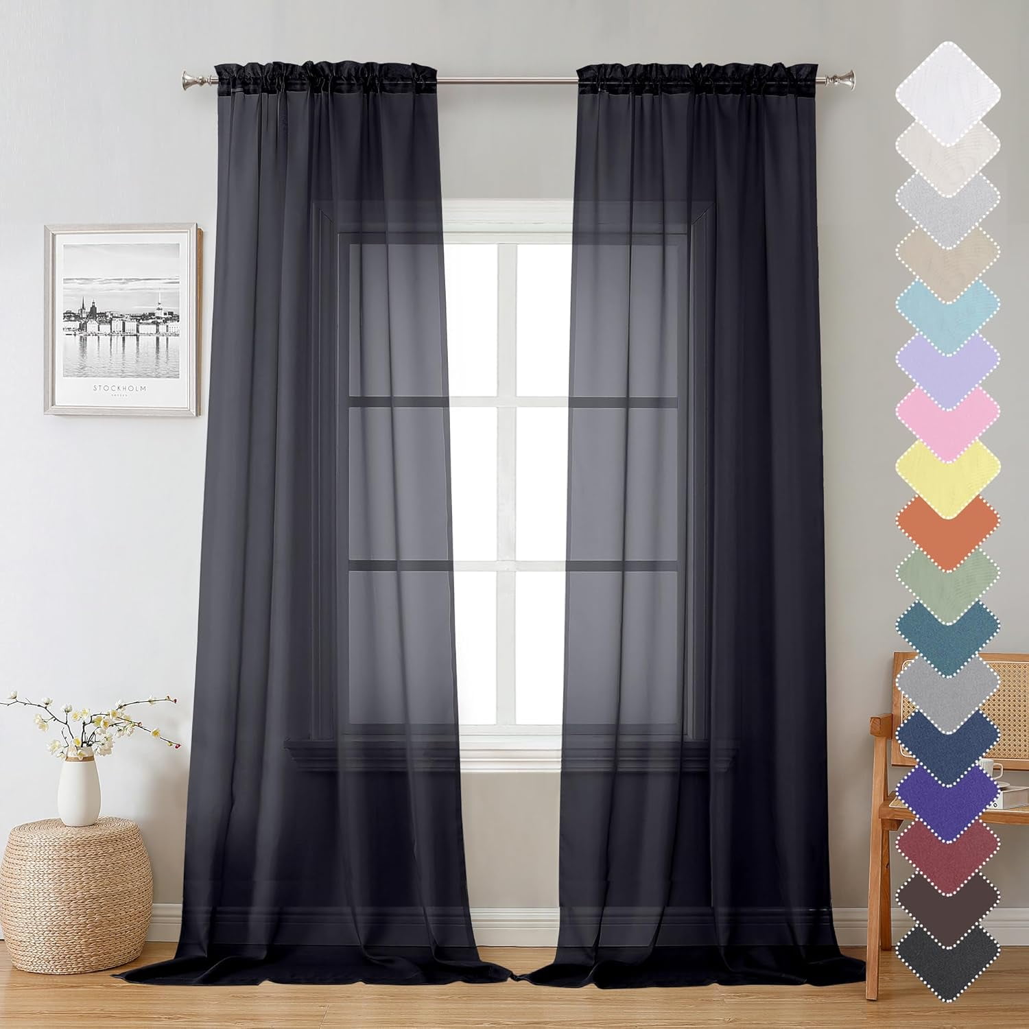 GEEHSA-Sheer Curtain Panels Set 96" Inches Long, Solid Voile Light ...
