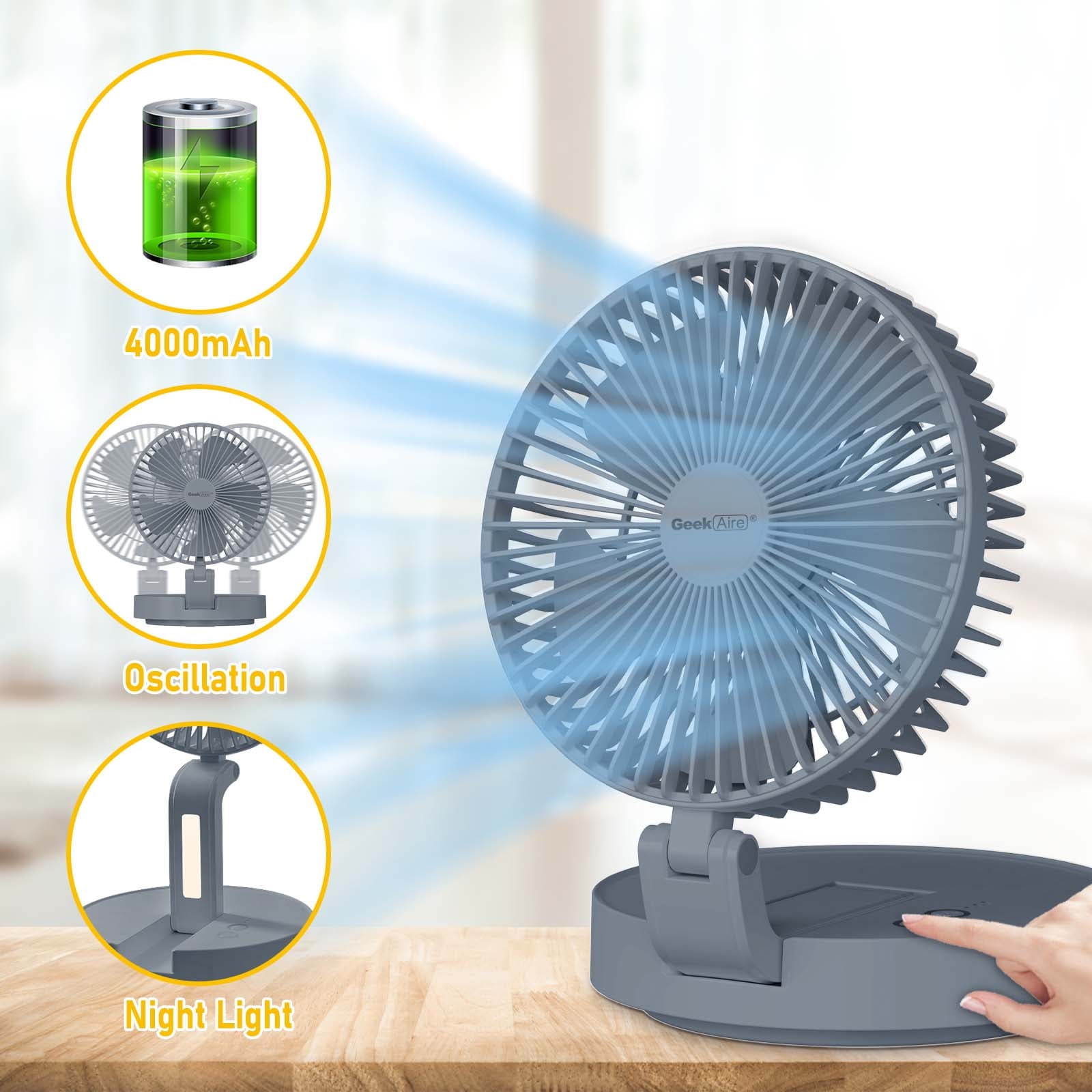 GEEK AIRE Home Desk Fan, 3 Speeds, 7 Inch, Rechargeable Folding Small ...