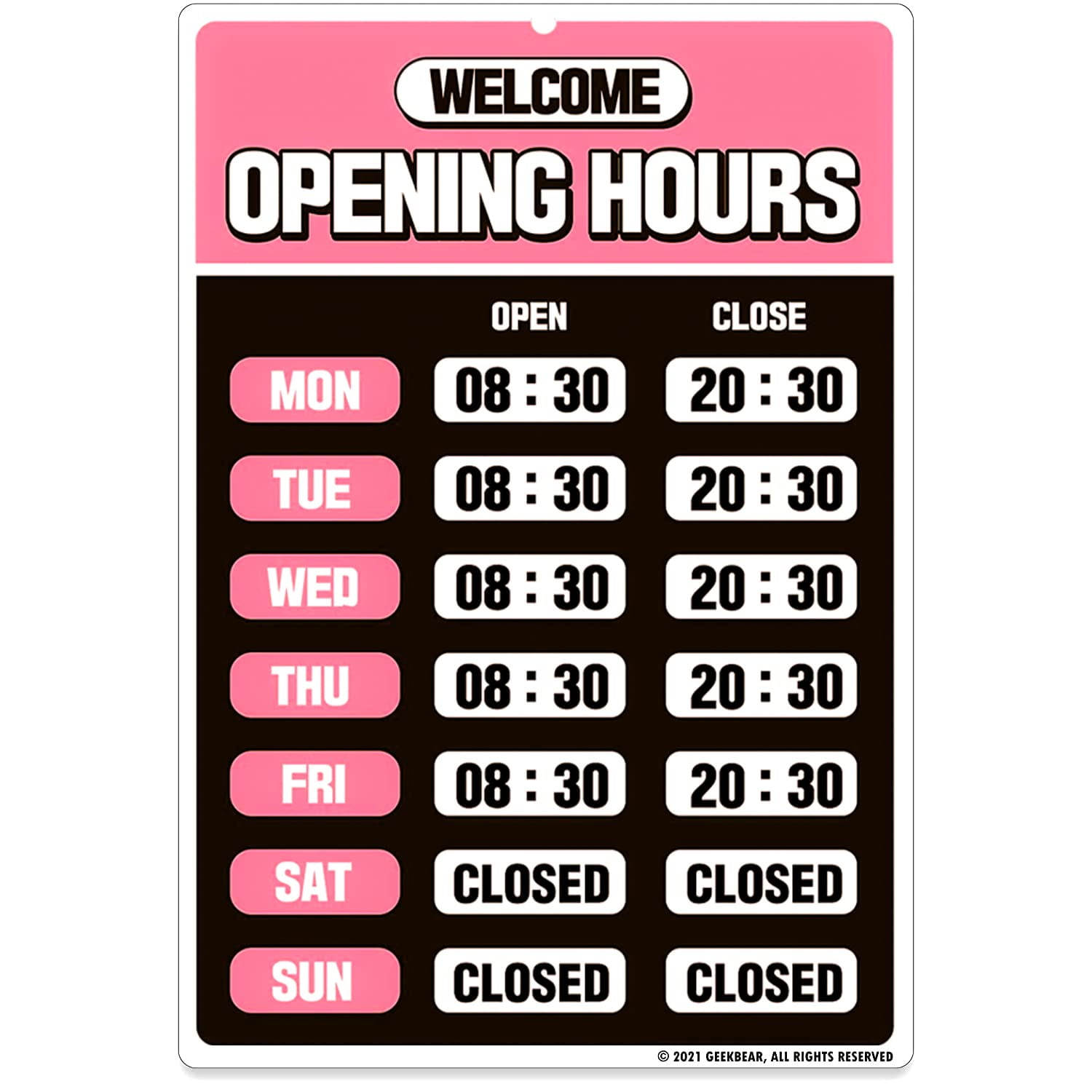 GEEKBEAR Opening Hours Sign (03. Pink) â€“ Business Hours Sign - Store ...