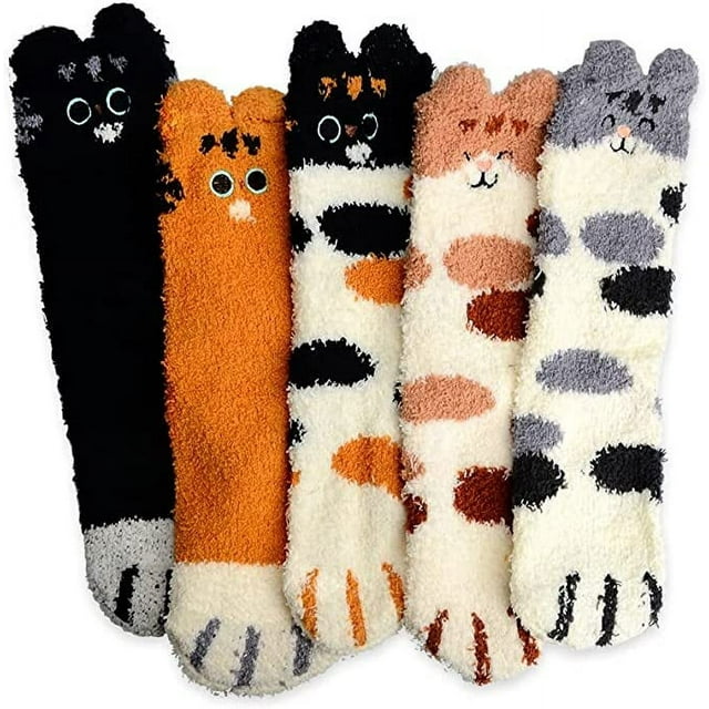 GEEKEO Fluffy Cat Paw Socks, 5 Pairs Cozy Fuzzy Cat Feet Socks for ...