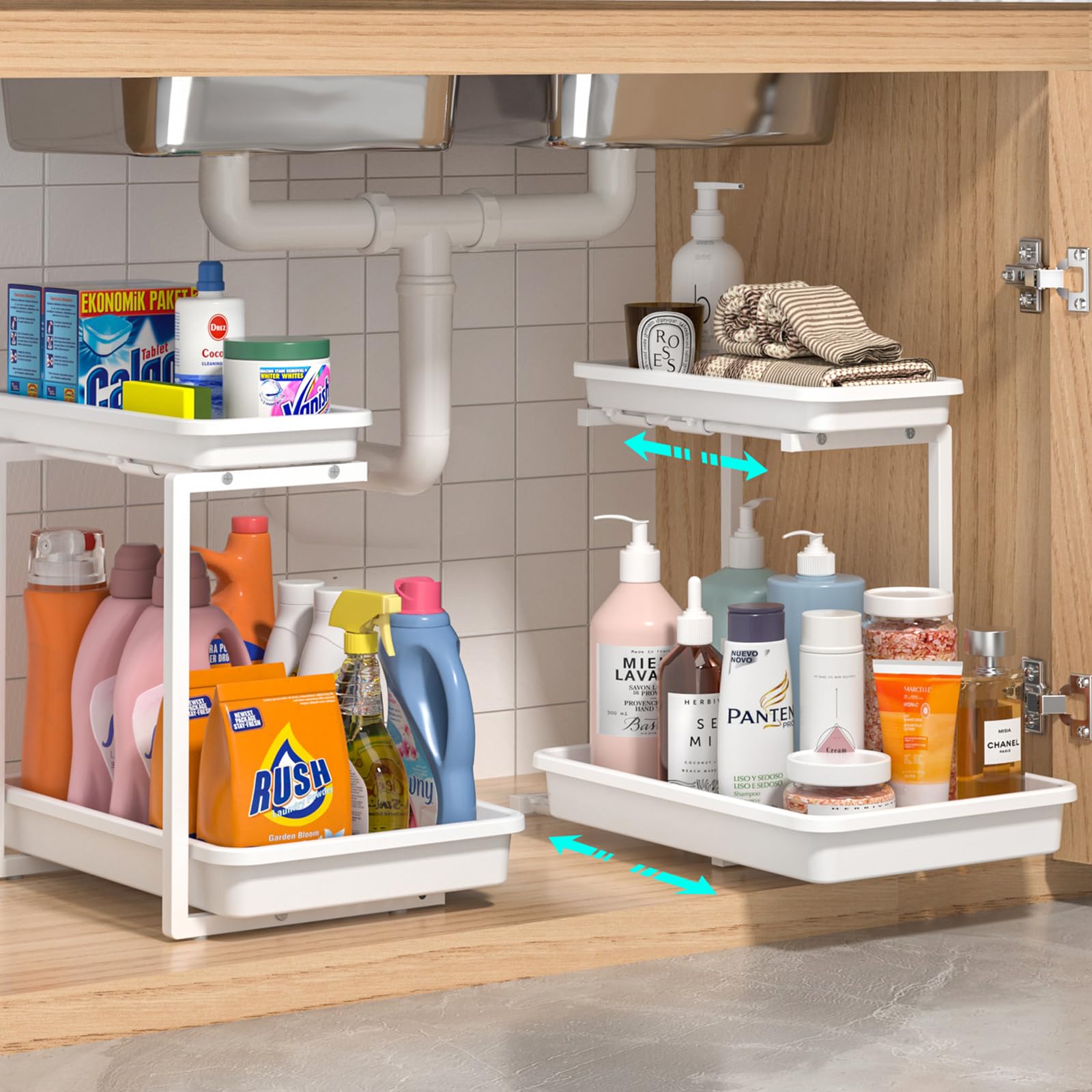 GEGATE 2 Pack Pull Out Under Sink Organizer, 2 Tier L-Shape Oversize ...