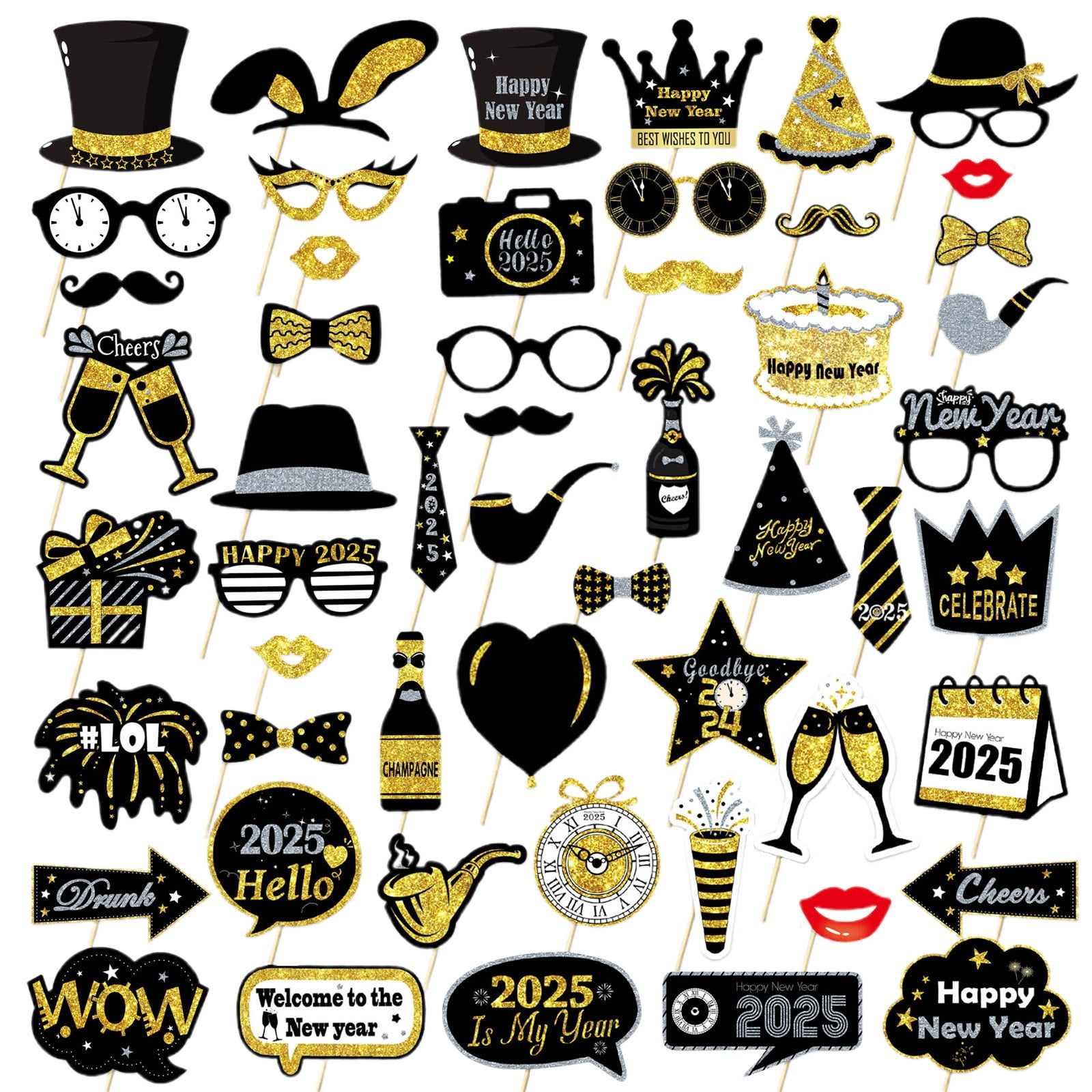 GEGNXA 53 Pieces Black Golden Photo Booth Props For Birthday Wedding ...