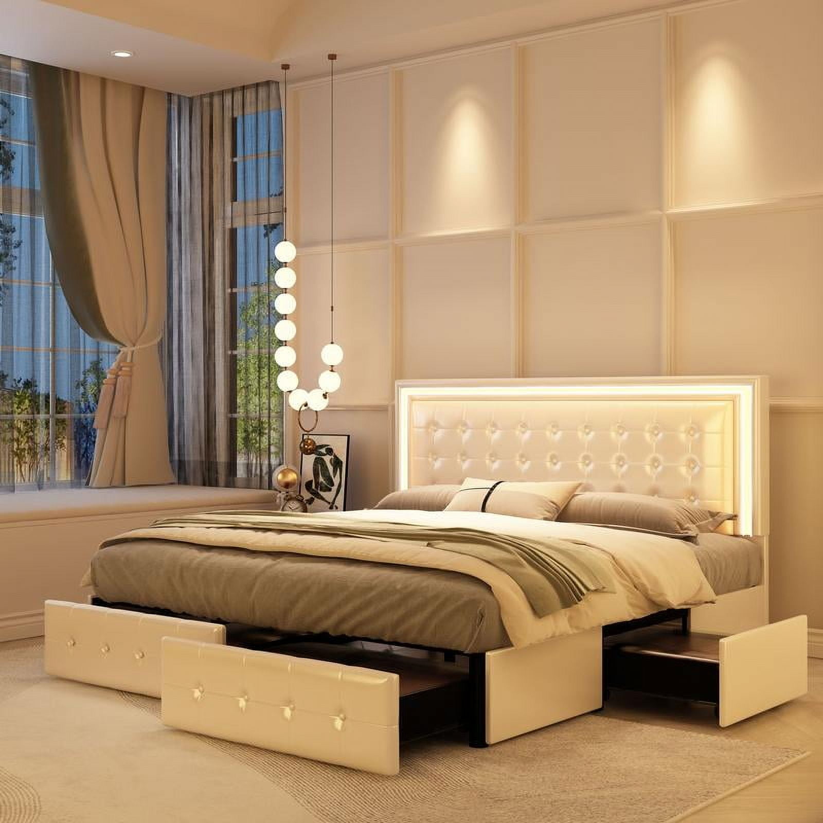 GEGOFORU Queen Smart LED Bed with 4 Drawers, Modern Upholstered Bed ...