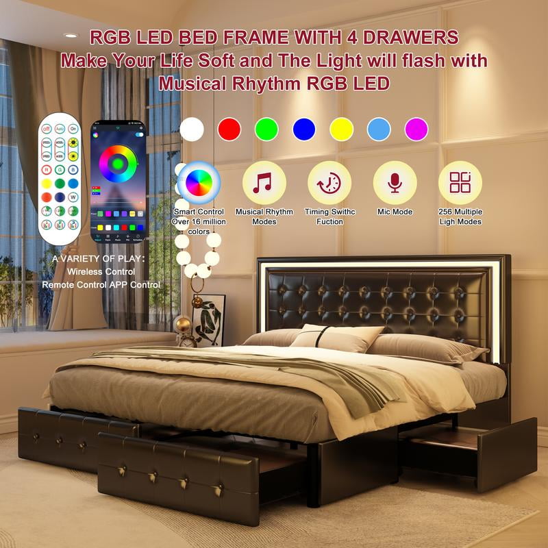 GEGOFORU Queen Smart LED Bed Frame with 4 Drawers, PU Leather ...