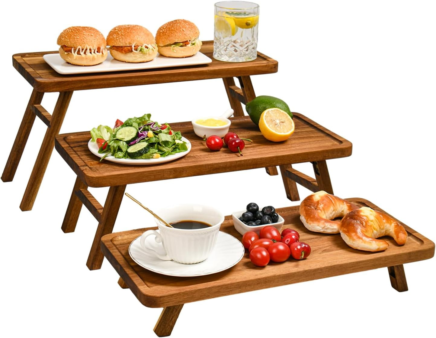 Foldable 3 Tier Serving Tray, Cupcake Stand for Party, Acacia Wooden ...