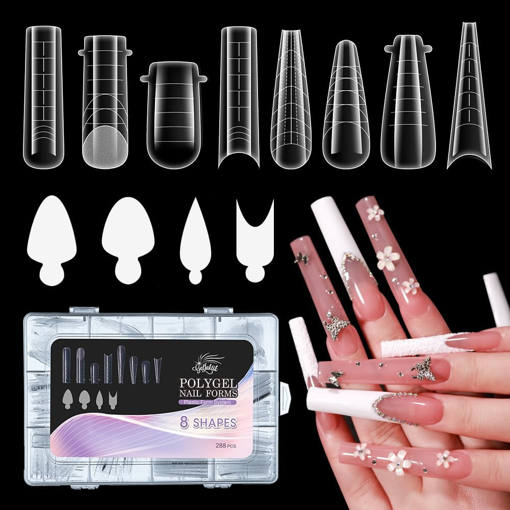 GELLAKTIK Nail Dual Forms for Poly Gel, 288PCS French Nail Forms, 8 Shapes, 12 Sizes Clear Poly ...