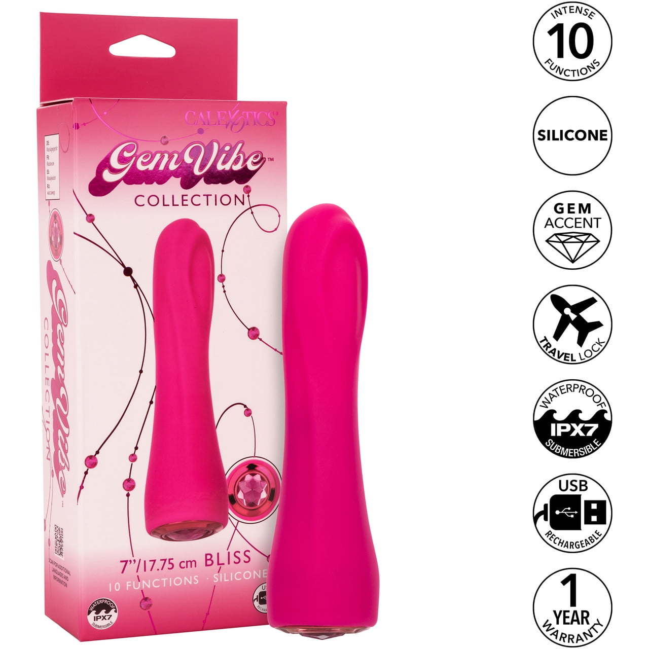GEM VIBE COLLECTION 7" BLISS RECHARGEABLE WATERPROOF SILICONE G-SPOT VIBRATOR BY CALEXOTICS ...