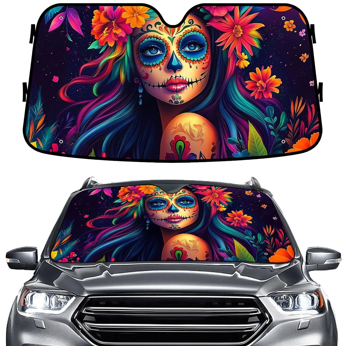 GENANY Sugar Skull Woman Windshield Sun Shade for Car SUV Truck (55x30 ...