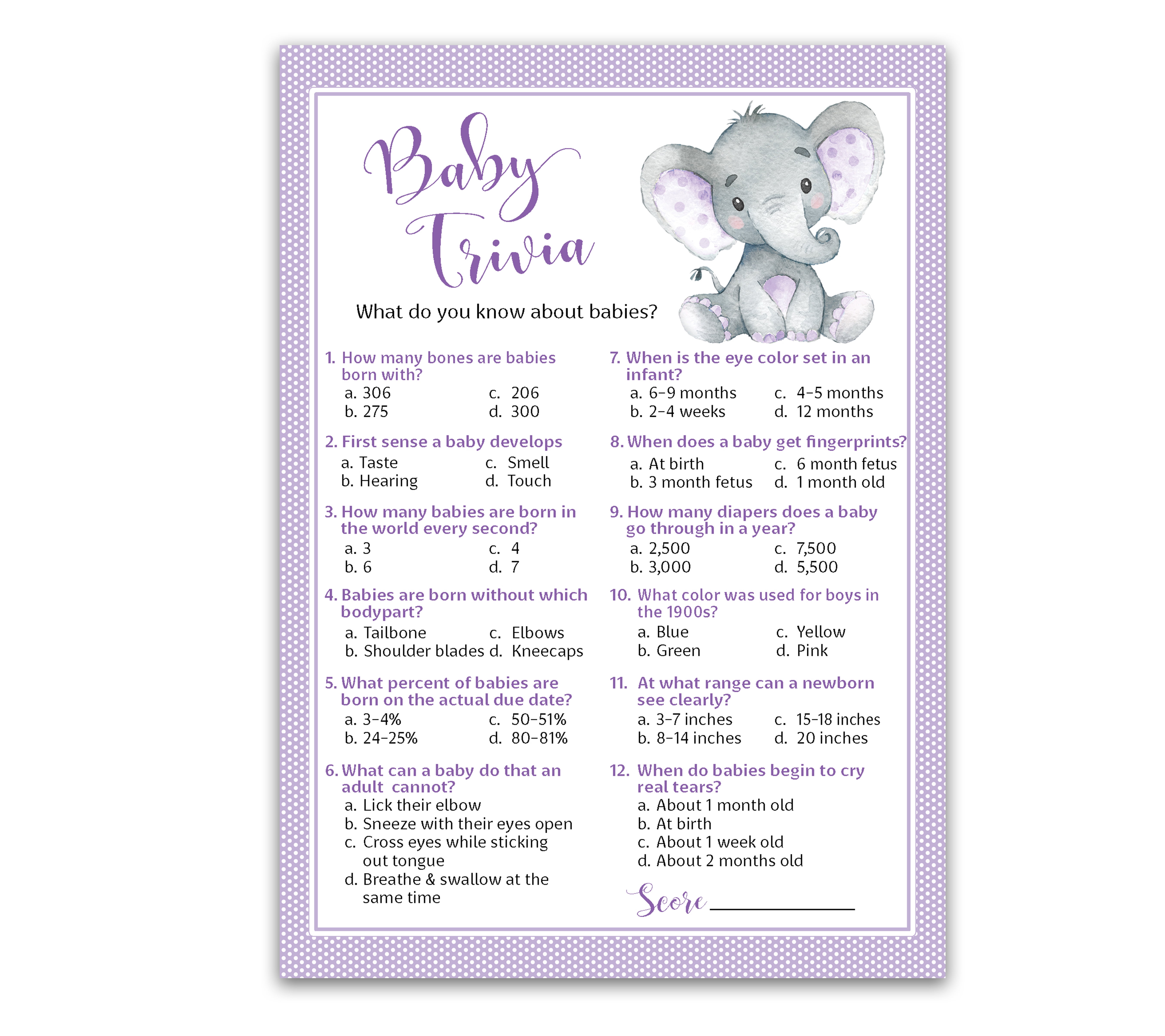 GENDER NEUTRAL Baby Shower Game — BABY TRIVIA Game — 25 Guests — PURPLE ...