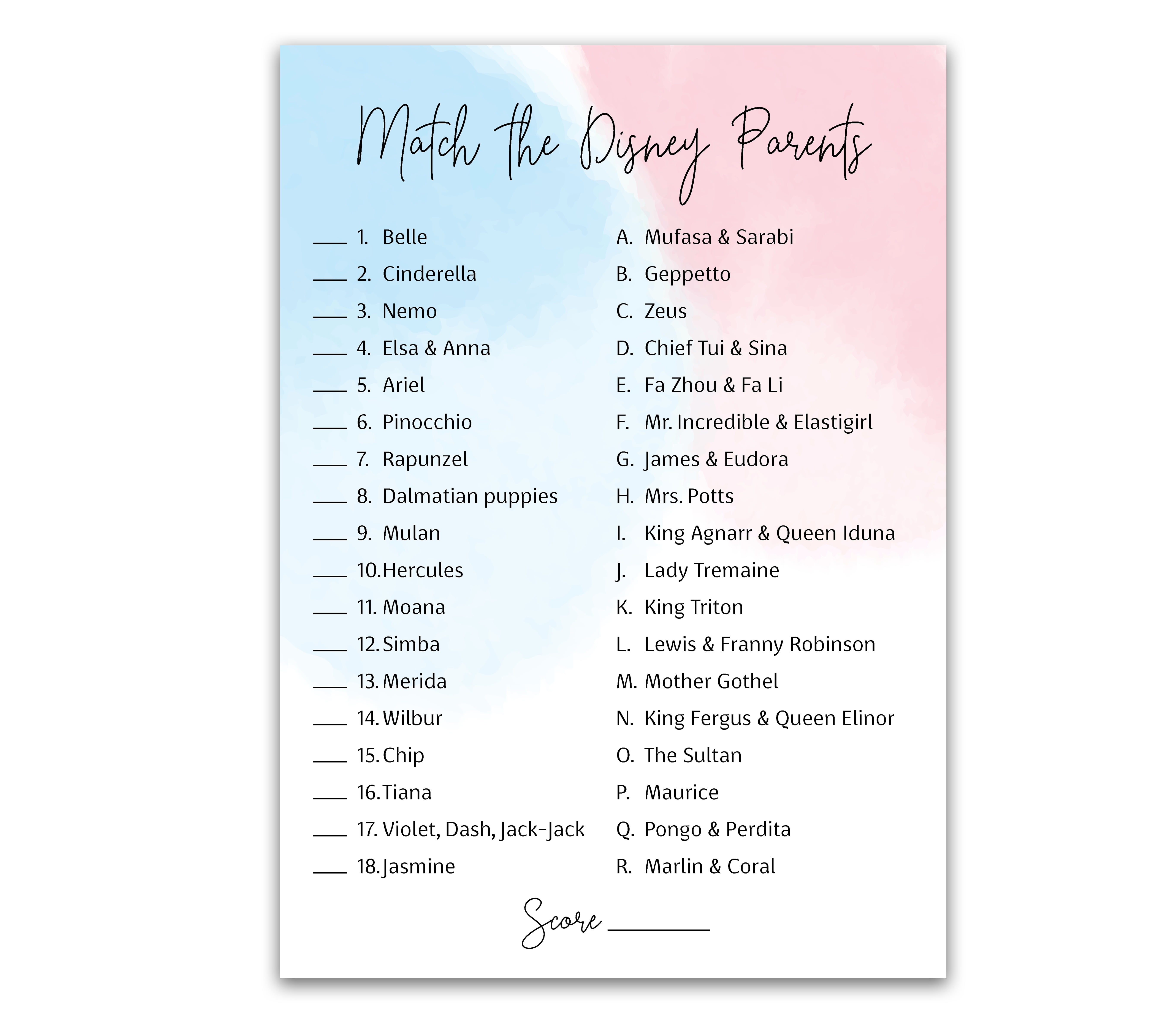 GENDER NEUTRAL Baby Shower Game — DISNEY PARENT MATCH Game — Pack of 25 ...