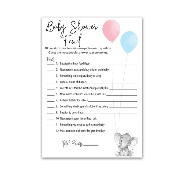 GENDER REVEAL Party Baby Shower FEUD Game — Pack of 25 — Elephant Pink or Blue Fun Shower Family ...
