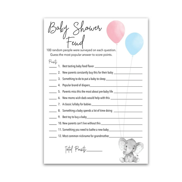 GENDER REVEAL Party Baby Shower FEUD Game — Pack of 25 — Elephant Pink or Blue Fun Shower Family ...
