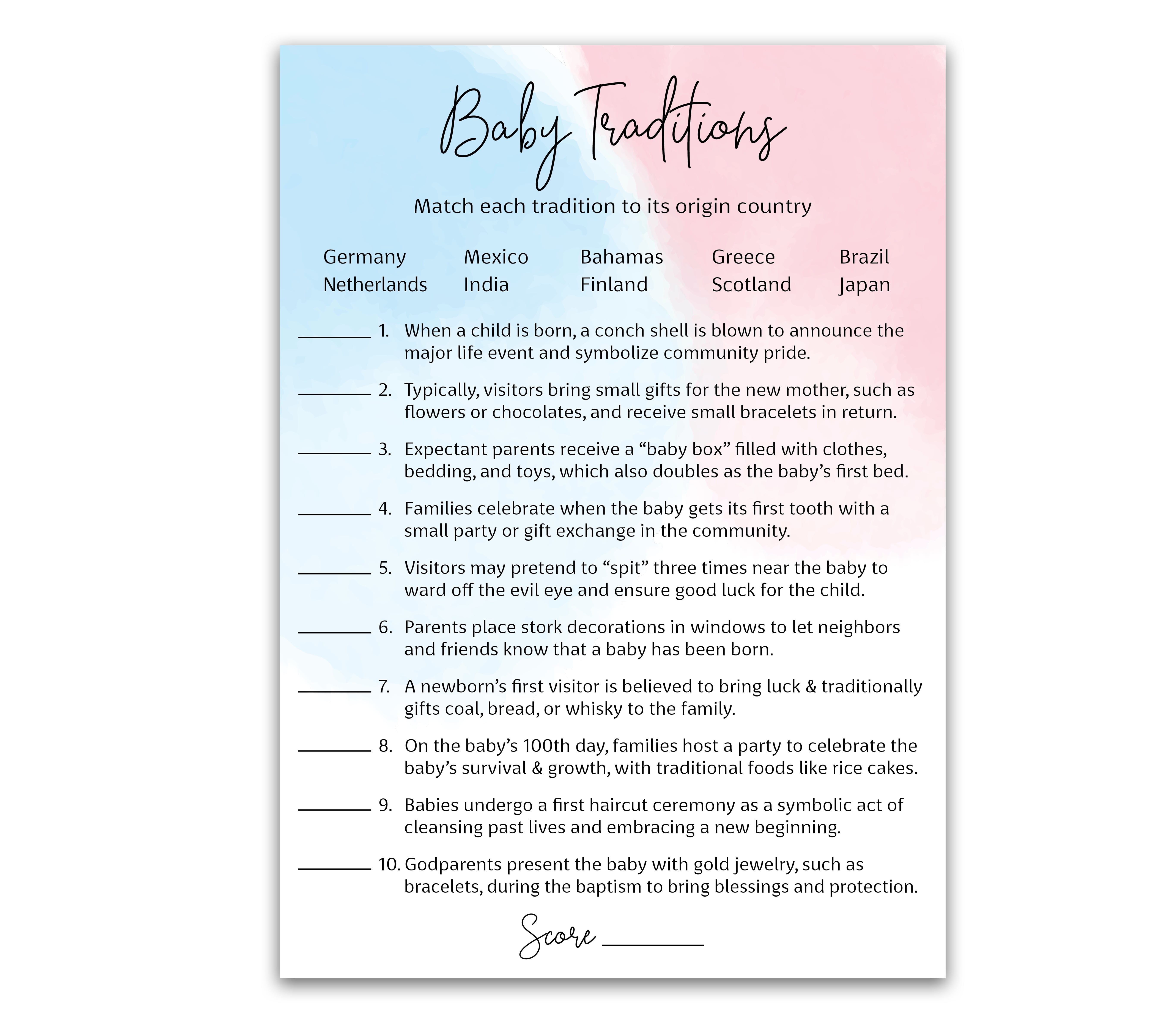 GENDER REVEAL Party Game — BABY TRADITIONS around the World Game — Pack of 25 — Minimalist Pink ...