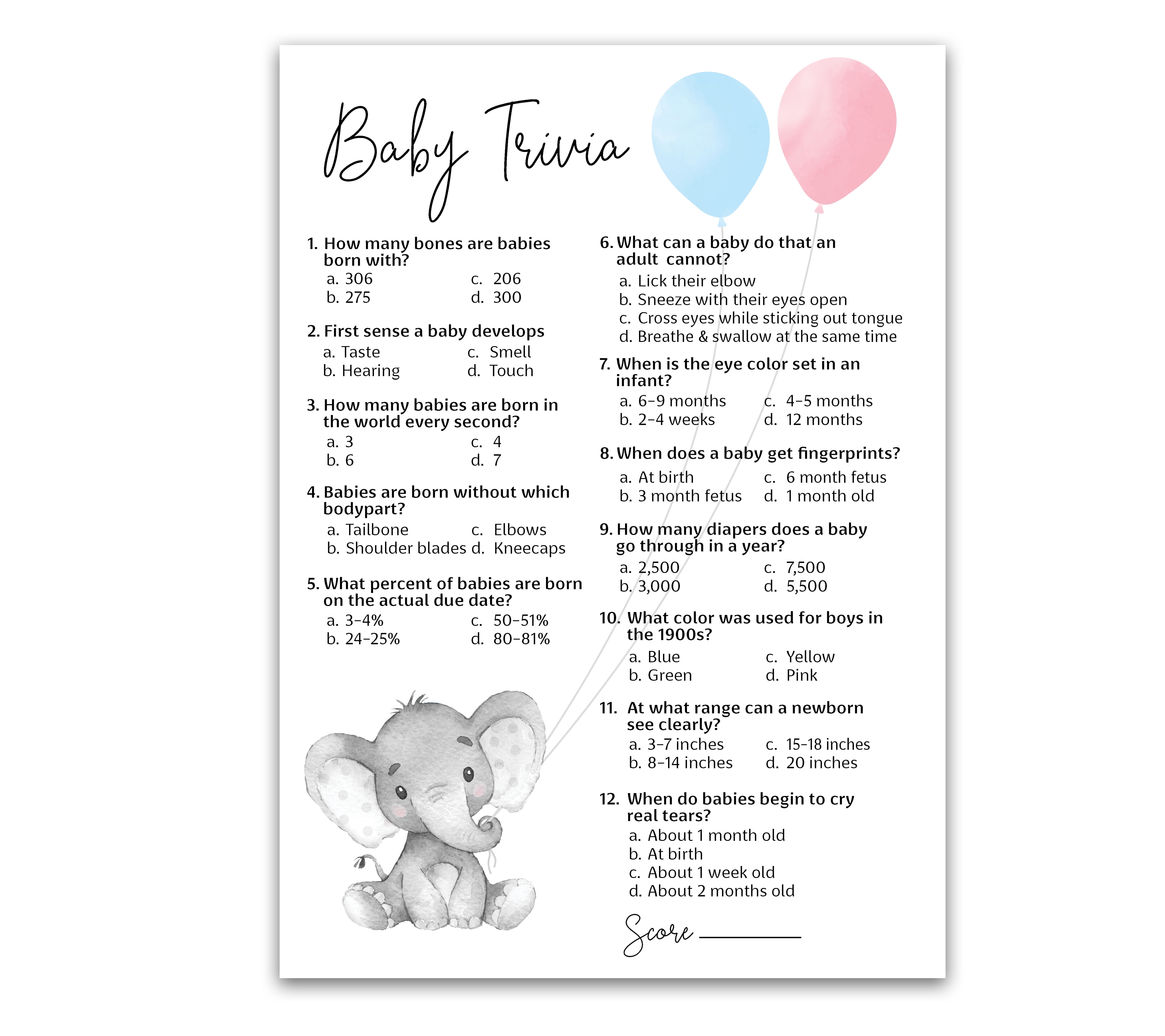 GENDER REVEAL Party Game — BABY TRIVIA Game — Pack of 25 — Elephant Pink or Blue Fun Baby Facts ...