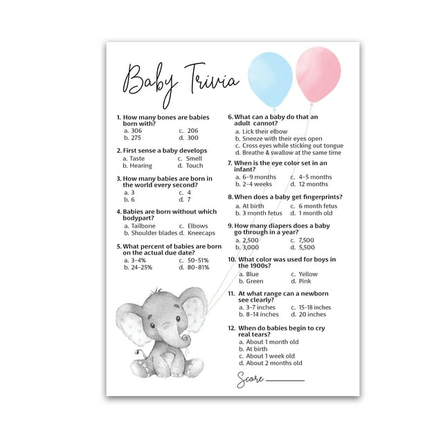 GENDER REVEAL Party Game — BABY TRIVIA Game — Pack of 25 — Elephant Pink or Blue Fun Baby Facts ...