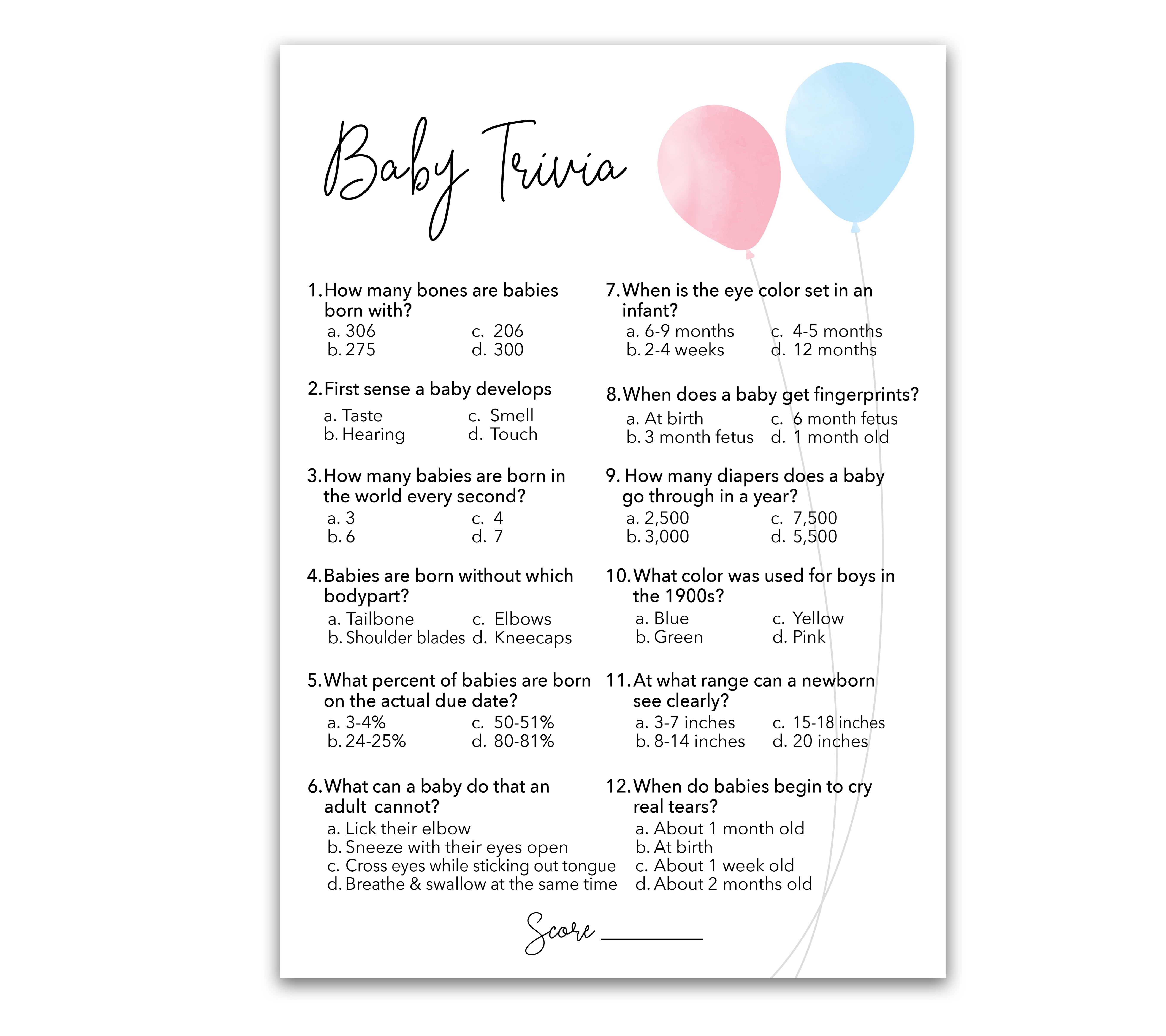 GENDER REVEAL Party Game — BABY TRIVIA Game — Pack of 25 — BALLOONS Minimalist Pink or Blue Fun ...