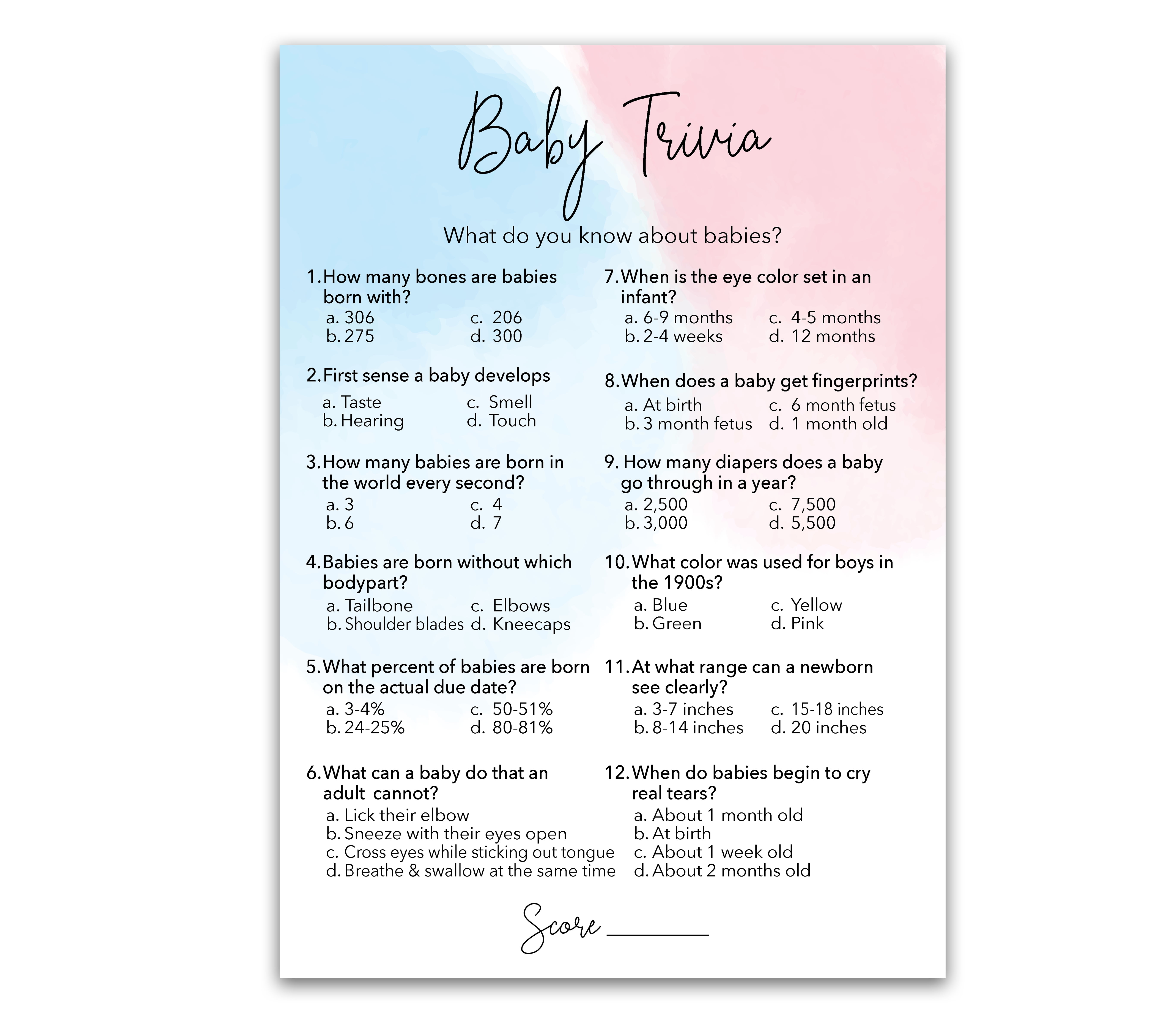 GENDER REVEAL Party Game — BABY TRIVIA Game — Pack of 25 — Minimalist Pink or Blue Fun Baby ...