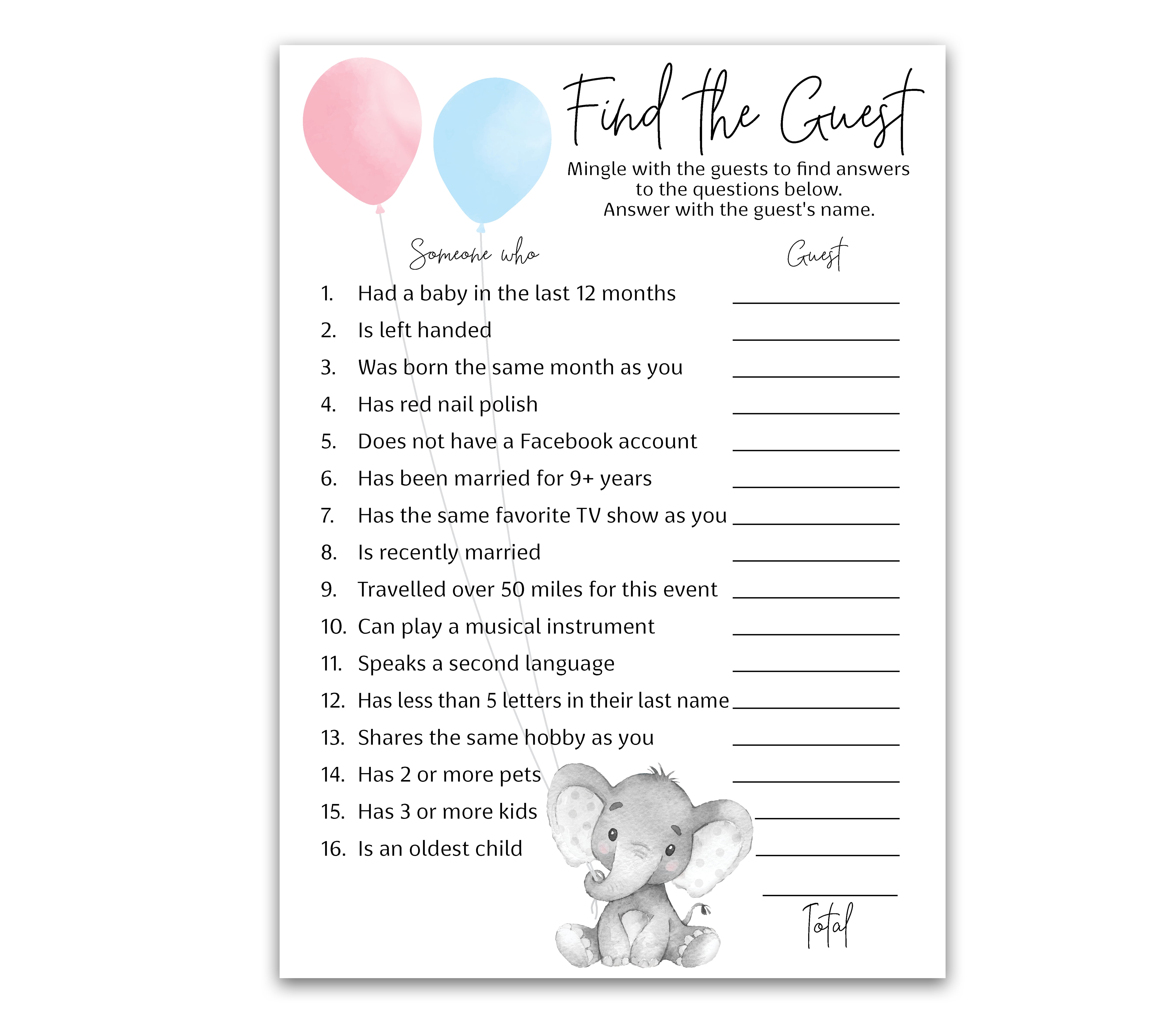 GENDER REVEAL Party Game — FIND THE GUEST Baby Shower Game — Pack of 25 — Elephant Pink or Blue ...