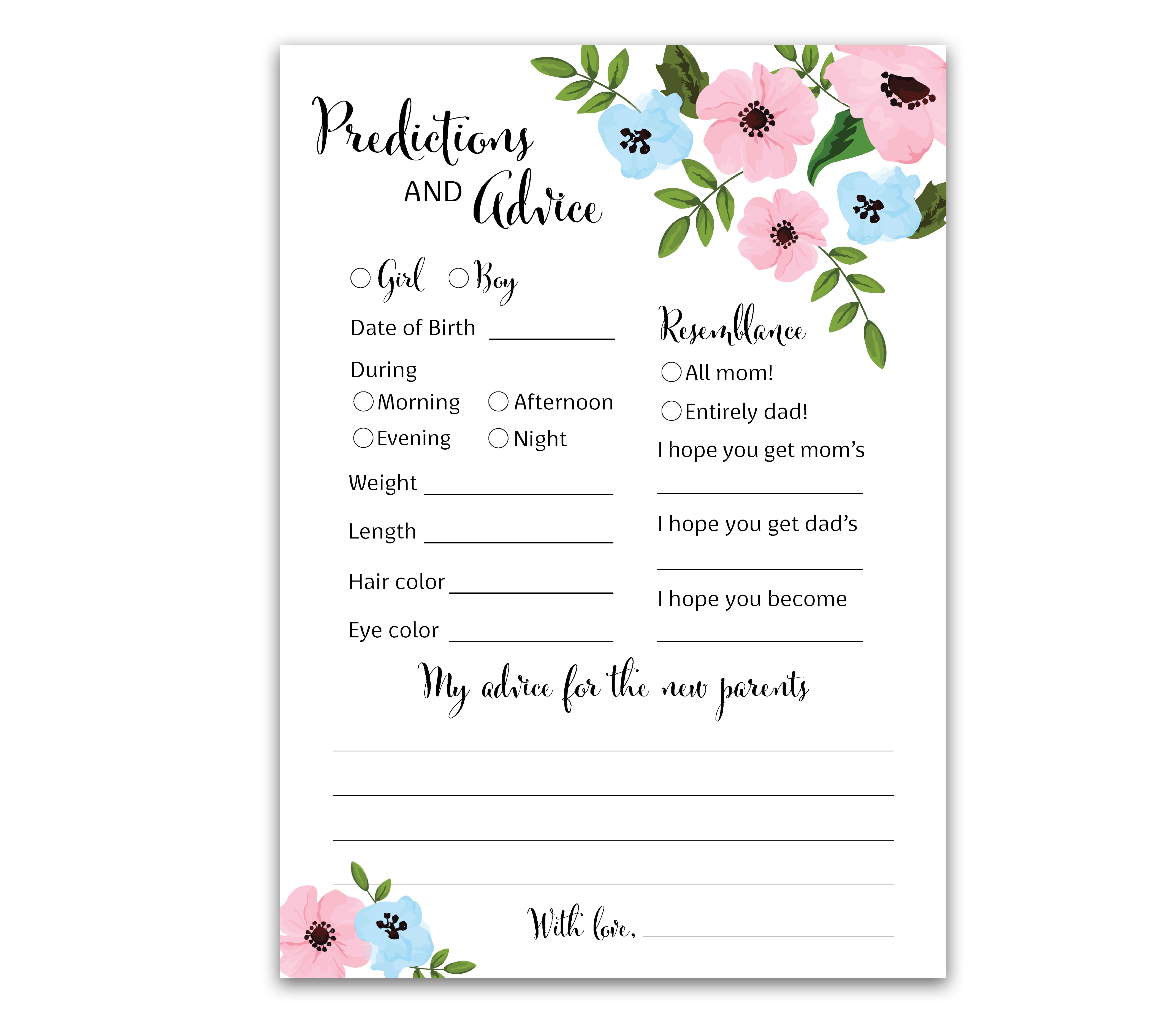 GENDER REVEAL Prediction and Advice Cards - Pack of 25 - Blue or Pink ...