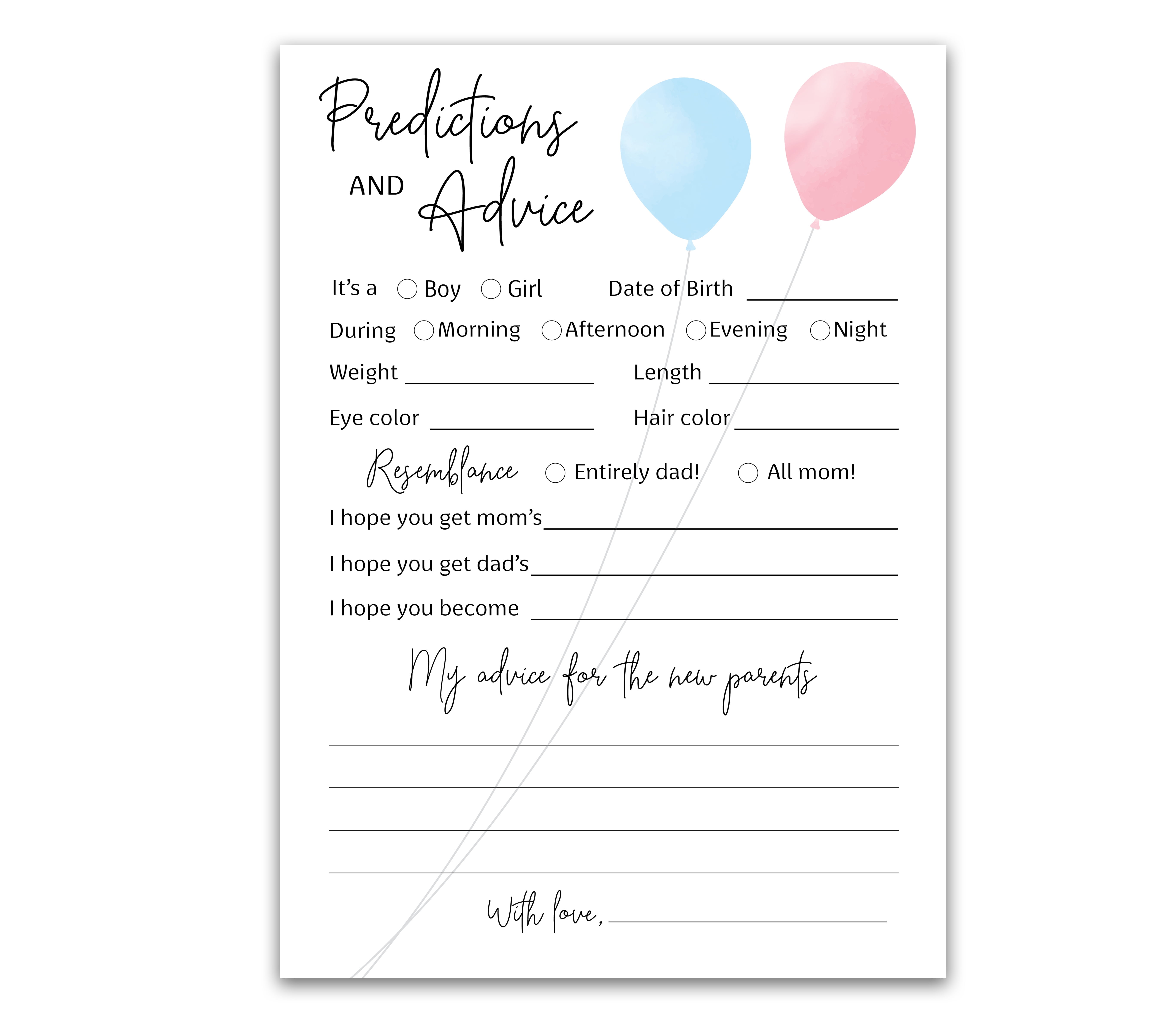GENDER REVEAL Prediction and Advice Cards - Pack of 25 - Minimalist ...