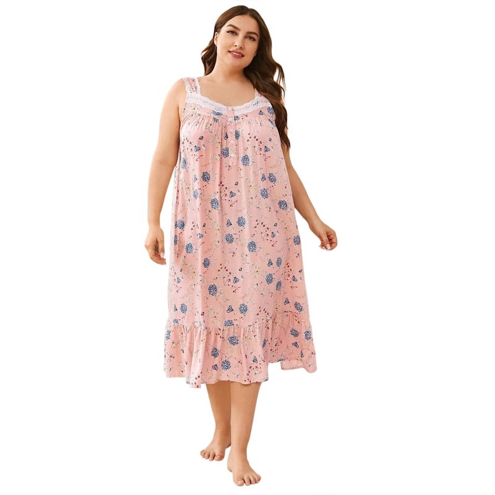 Genema Women Plus Size Sleeveless Nightgown U Neck Buttons Lace Trim