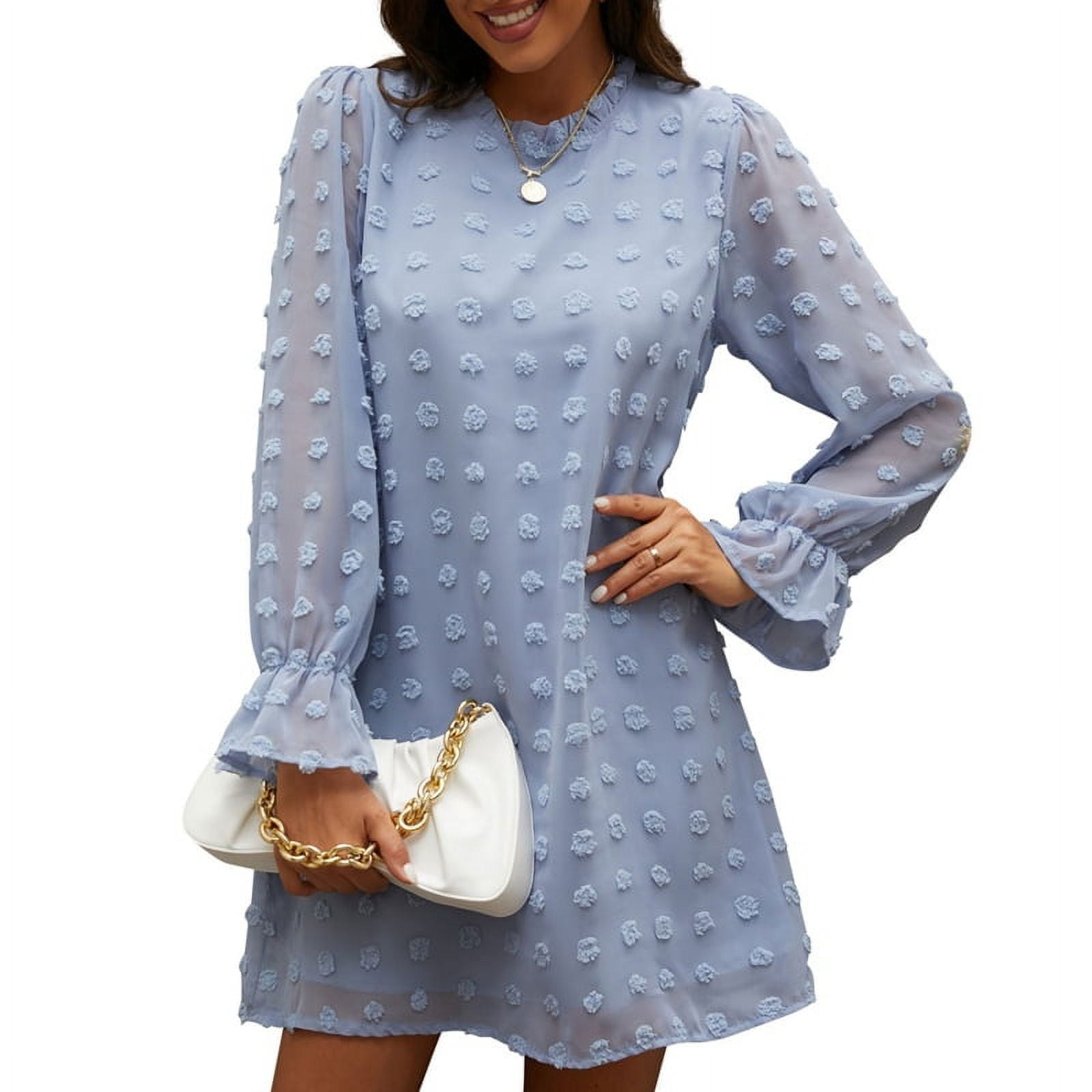 GENEMA Women Puff Long Sleeve Ruffle Round Neck Chiffon Midi Dress ...