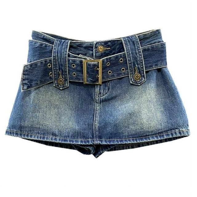 GENEMA Women Summer Belted High Waist Denim Micro Mini Skirt A-Line ...