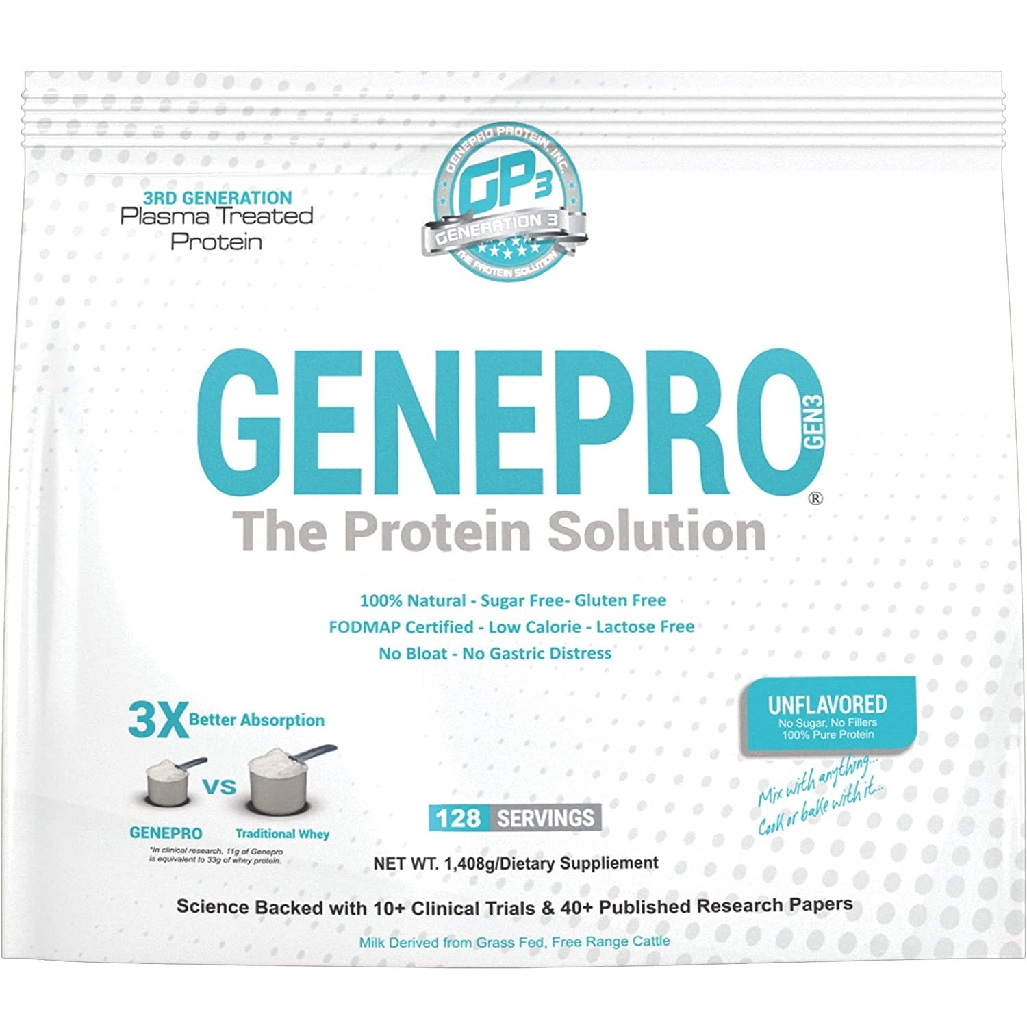 Genepro Gen3 Unflavored Protein Powder, Clinically Tested, 128 Servings ...