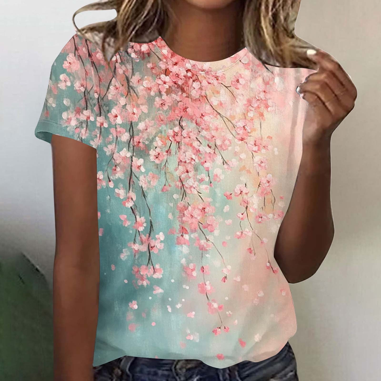 GENGING Enchanting Women's Short - Sleeve Crew - neck Top with Watercolor - effect Cherry ...