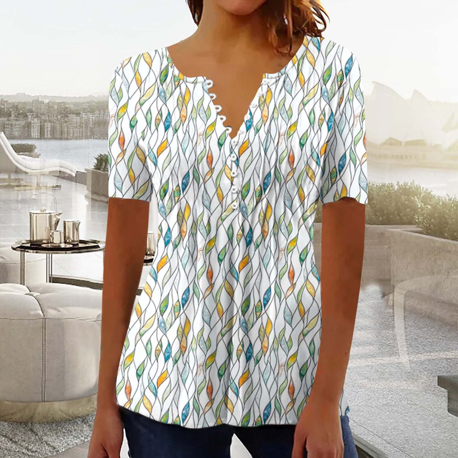 GENGING Short - Sleeve V - Neck Top with an Intricate Pattern of ...