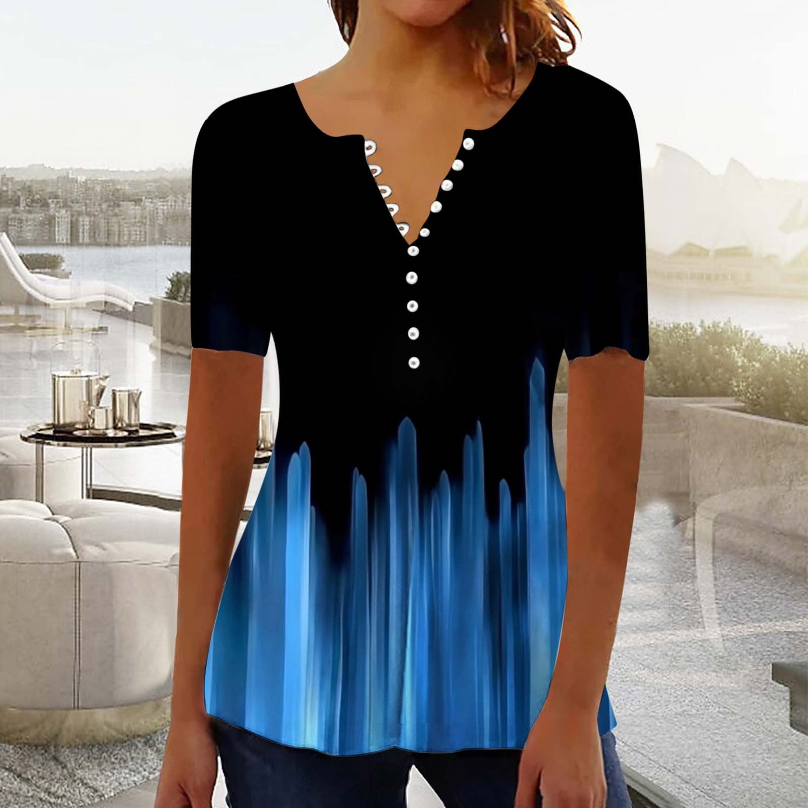 GENGING Short - Sleeve V - Neck Top with a Striking Pattern of Vertical ...