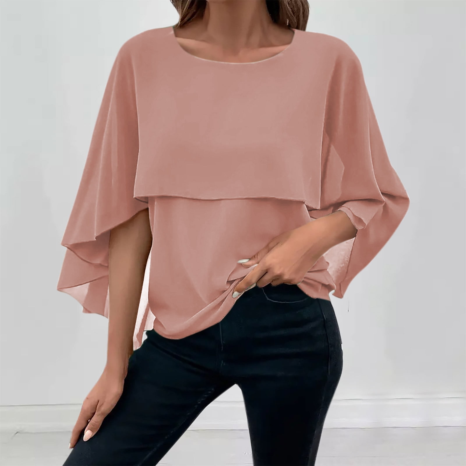 GENGING Women's round - neck layered chiffon top with flowing cape ...