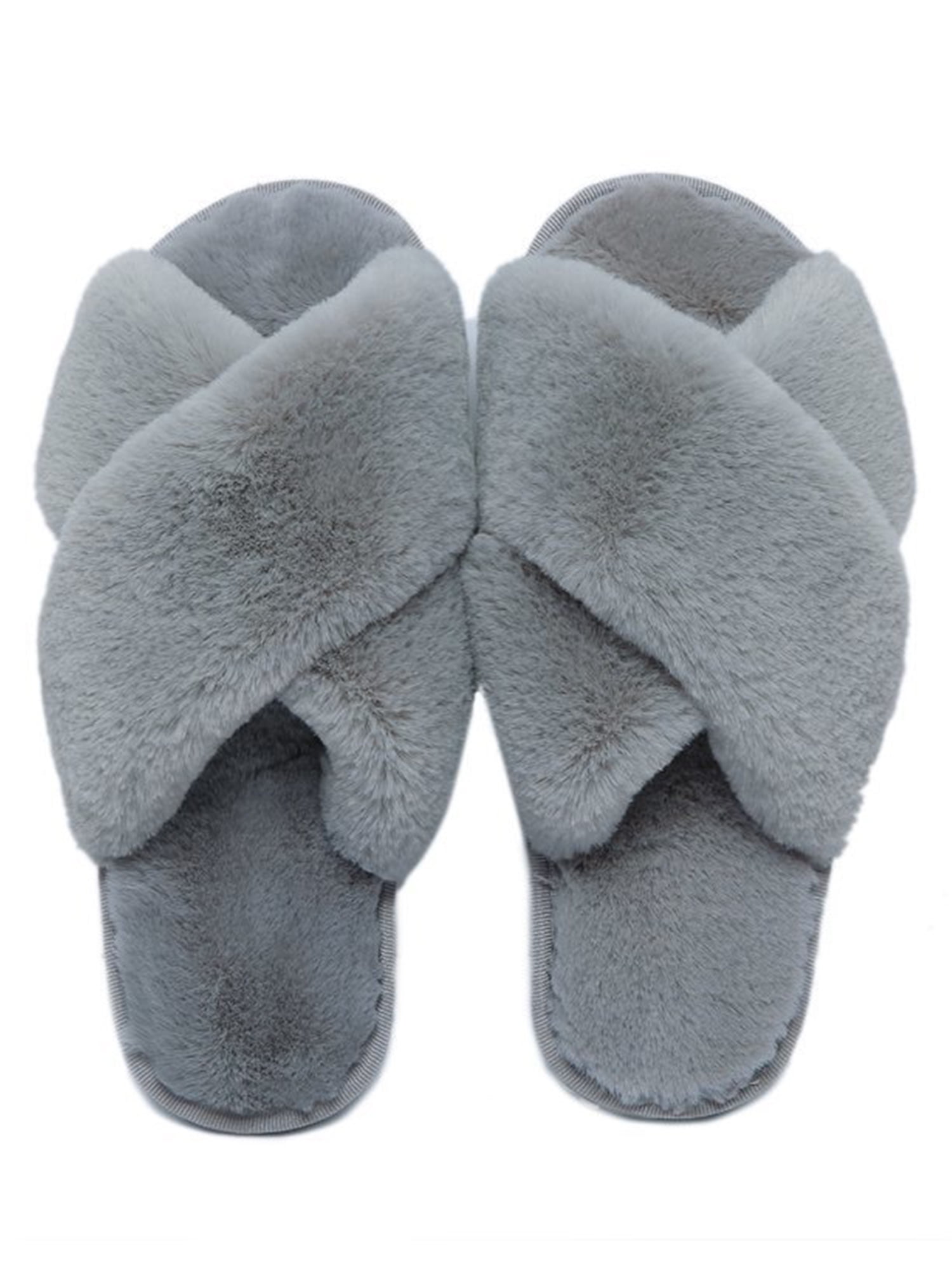 GENILU Fuzzy Slippers for Women Fluffy Slides House Shoes Ladies Grey 9 ...