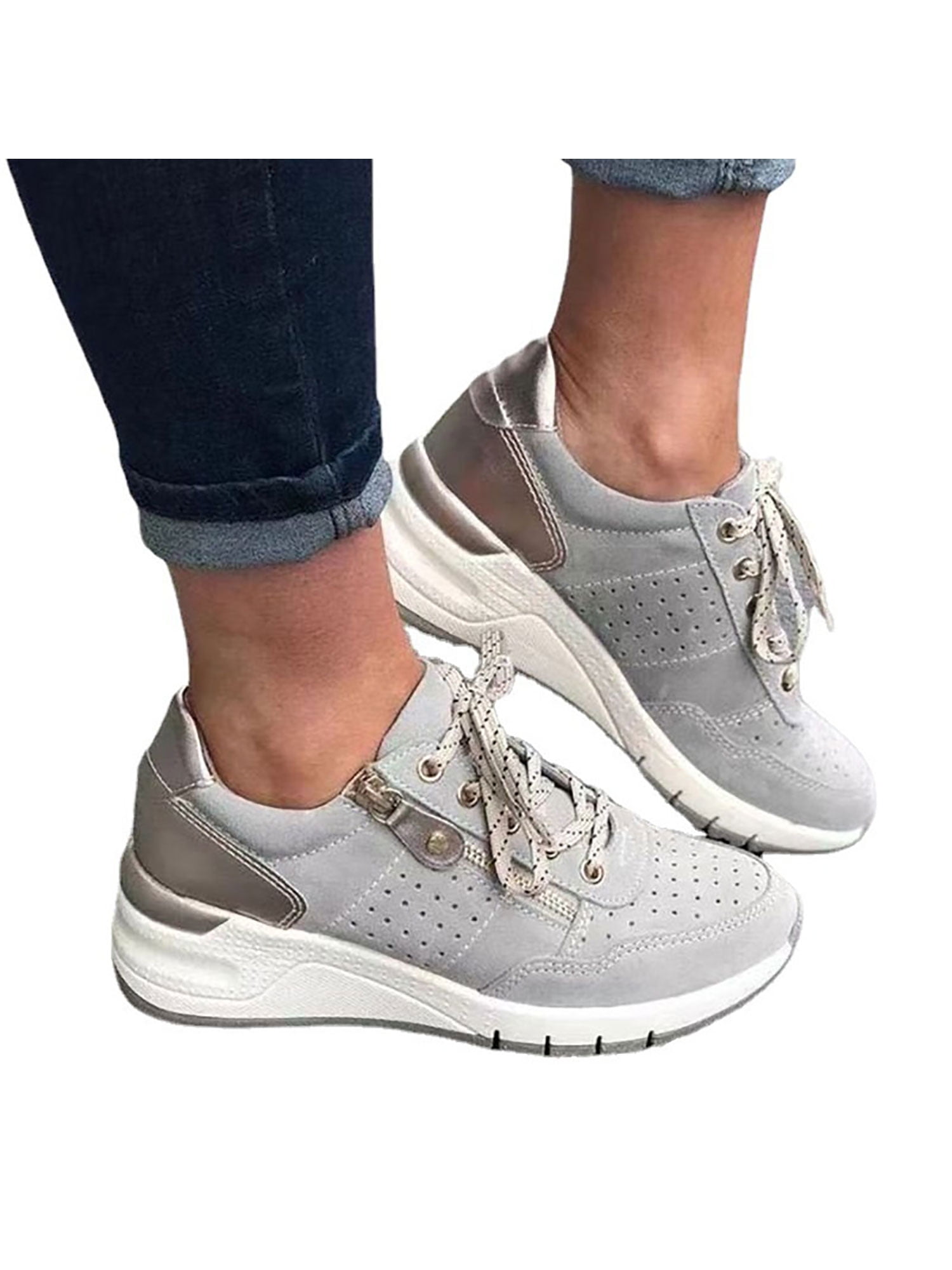 GENILU Women's Platform Sneakers Wedges Low Top Lace Up Shoes Increase ...