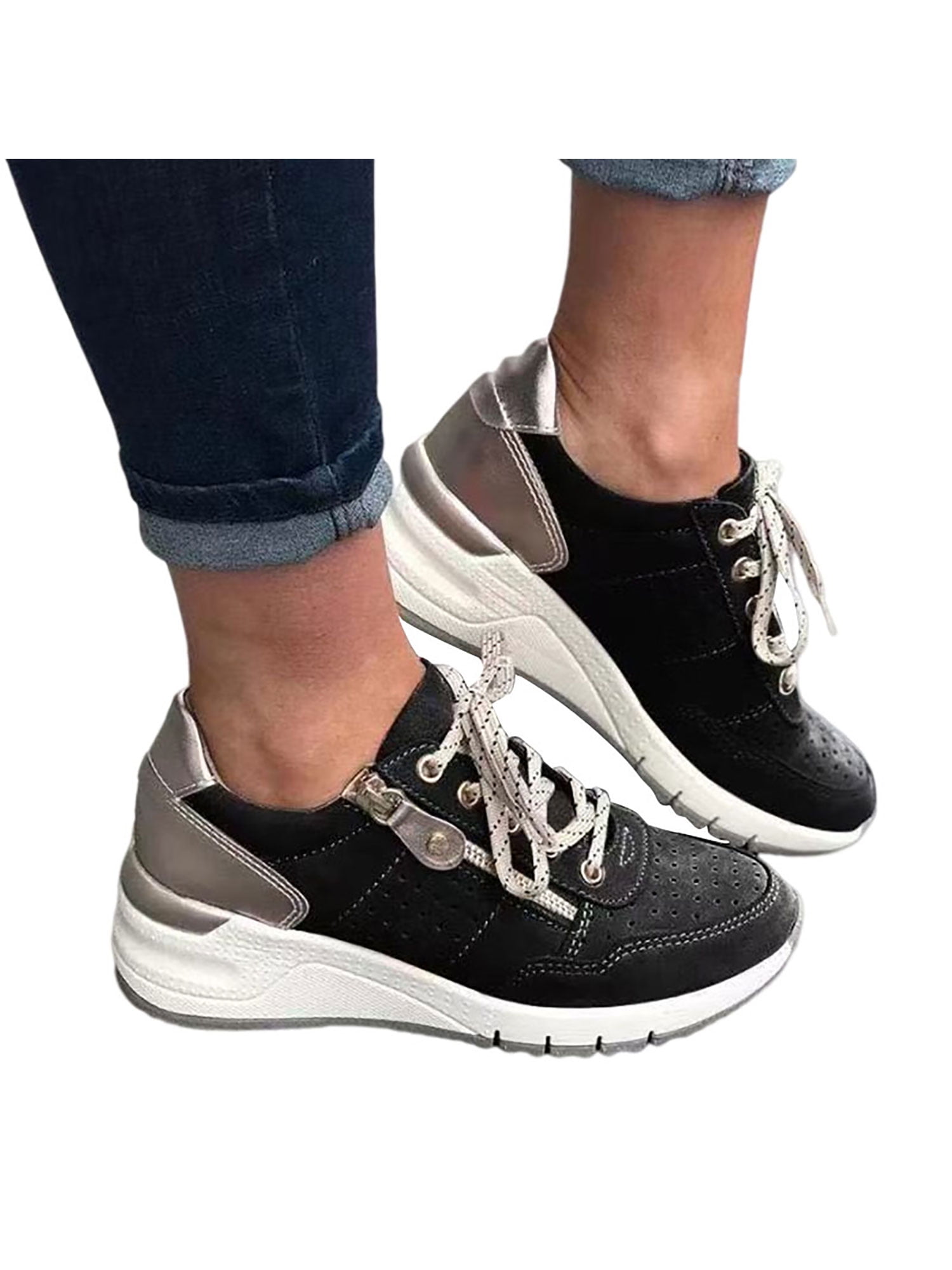 GENILU Women's Platform Sneakers Wedges Low Top Lace Up Shoes Increase ...