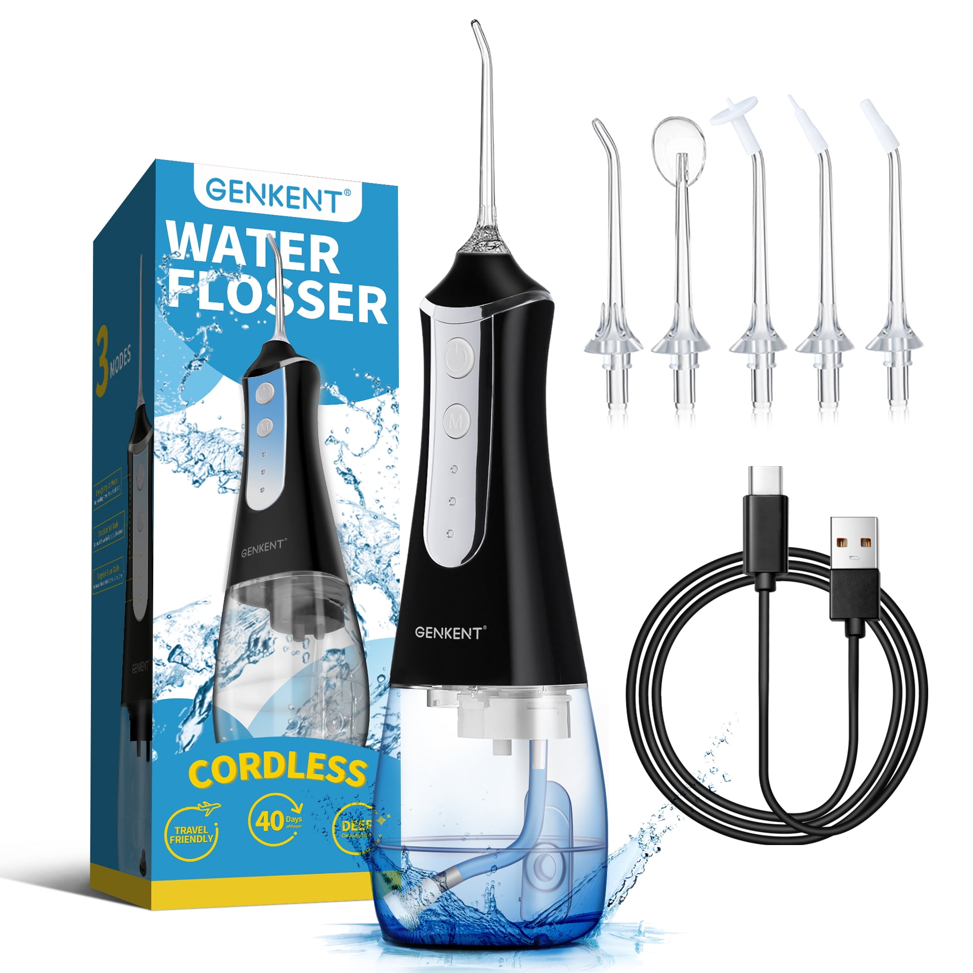 GENKENT Water Flosser for Teeth, Cordless Dental Flosser 3 Modes 5 Tips ...