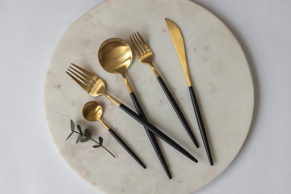 GENOA 5-Piece Matte Gold & Black Flatware Set | Modern Stainless Steel ...