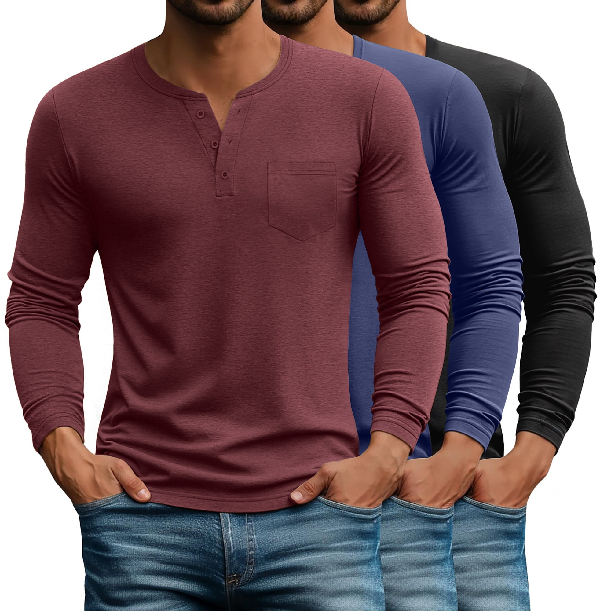 GENTS BLISS 3 Pack Henley Men Shirts Long Sleeve Plain T Shirts for Men ...